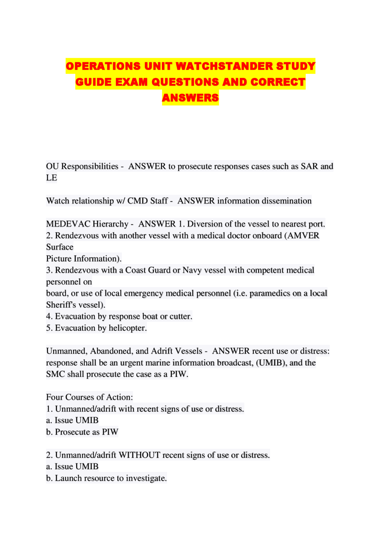 OPERATIONS UNIT WATCHSTANDER STUDY GUIDE EXAM QUESTIONS AND CORRECT ...