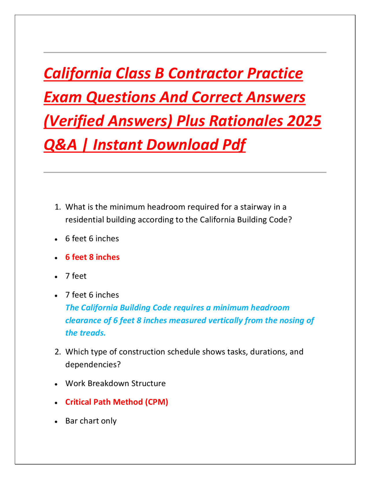 California Class B Contractor Practice Exam Questions And Correct ...