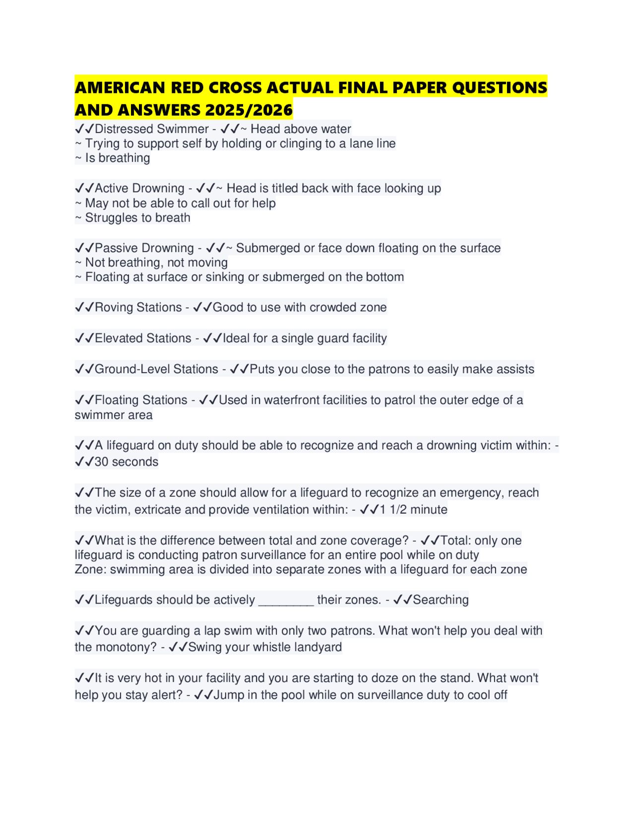 AMERICAN RED CROSS ACTUAL FINAL PAPER QUESTIONS AND ANSWERS 2025/2026 ...
