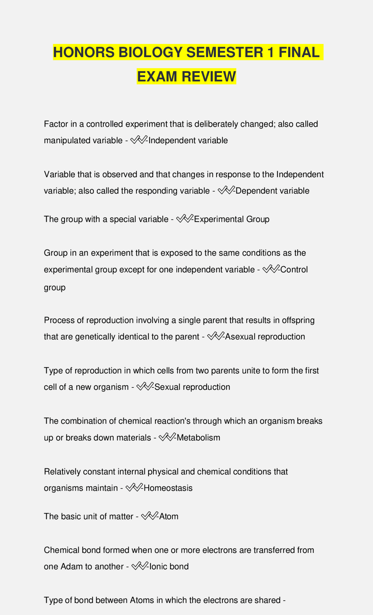 Honors Biology Semester 1 Final Exam – Ultimate Review Guide 2025/2026 ...