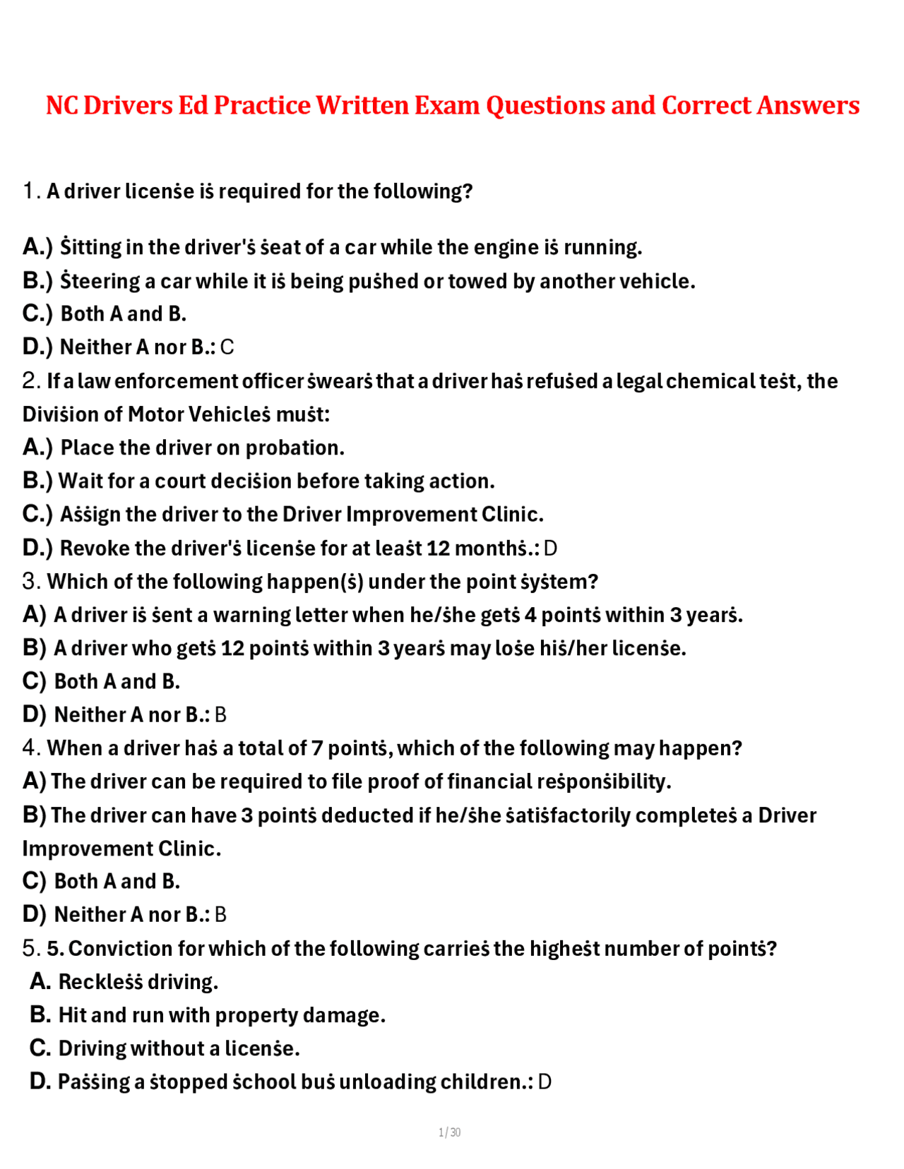 NC Driver's Ed Practice Exam: Key Questions & Answers | Exams Nursing ...