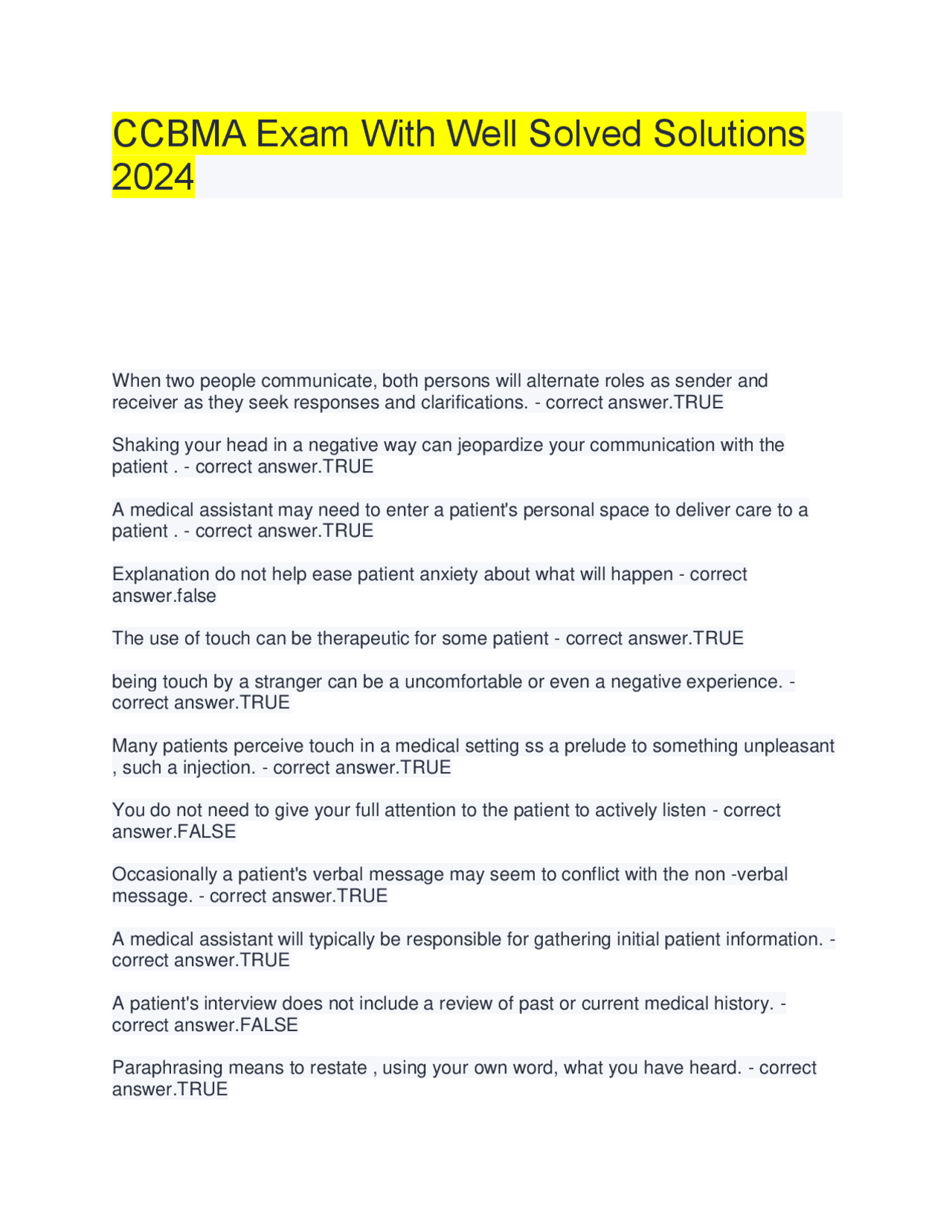CCBMA Exam With Well Solved Solutions 2024. | Exams Nursing | Docsity