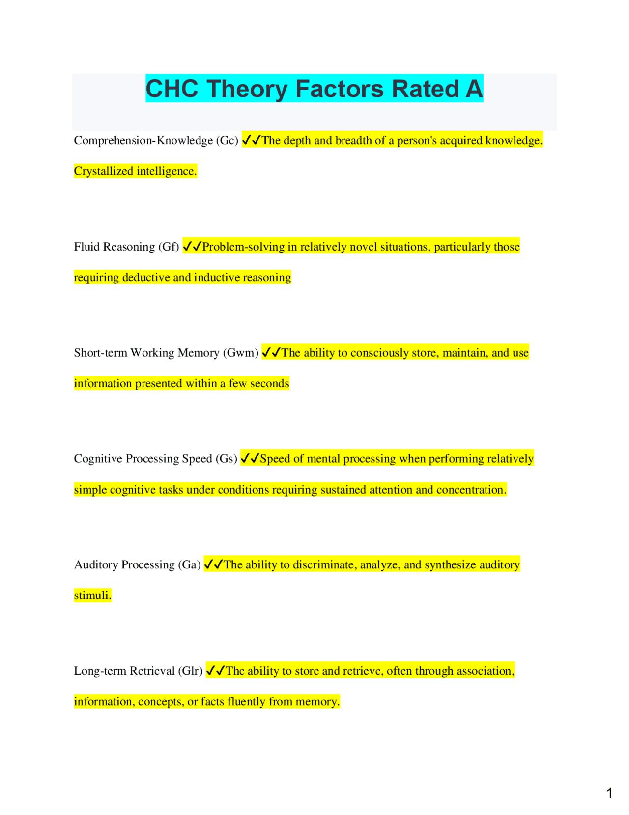 CHC Theory: Key Cognitive Factors Explained | Exams Chemistry | Docsity