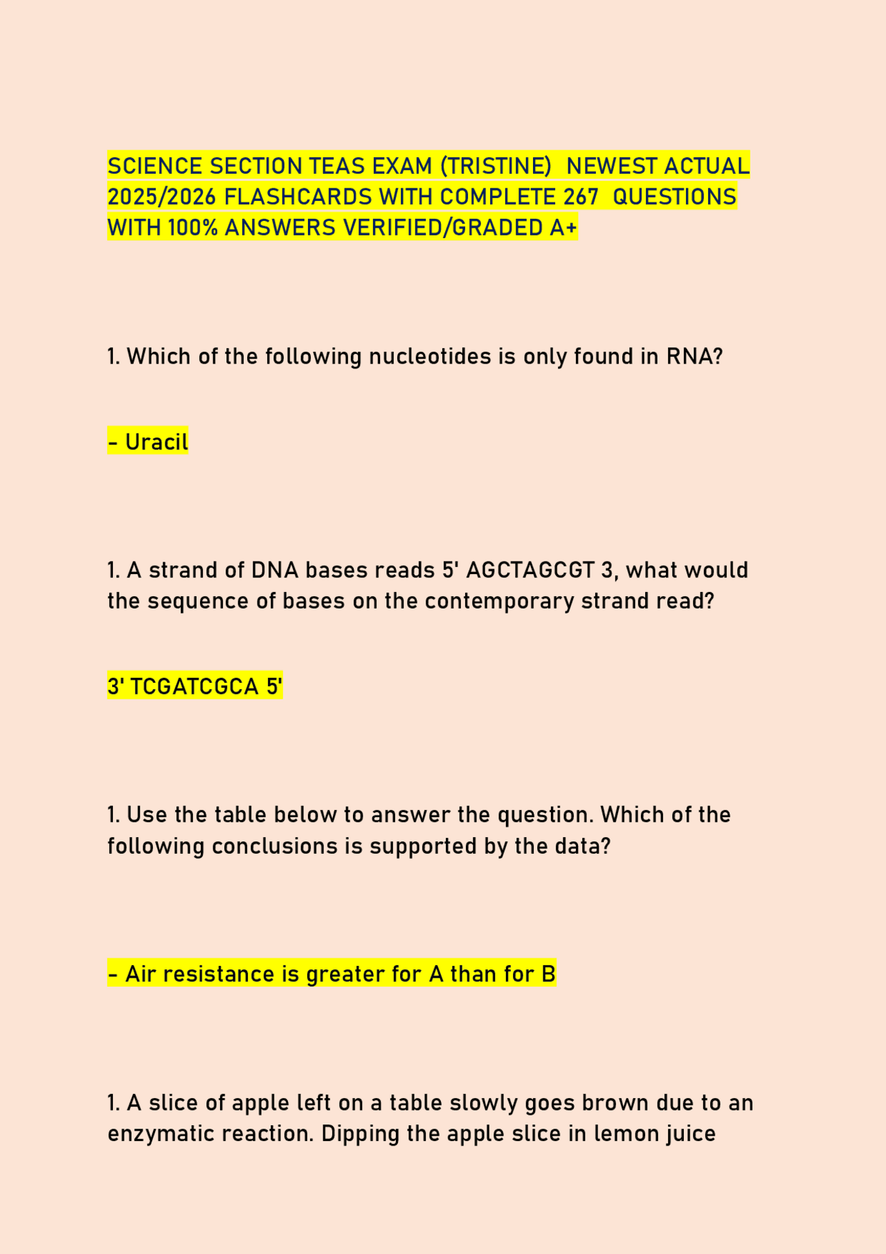 SCIENCE SECTION TEAS EXAM (TRISTINE) NEWEST ACTUAL 2025/2026 FLASHCARDS ...
