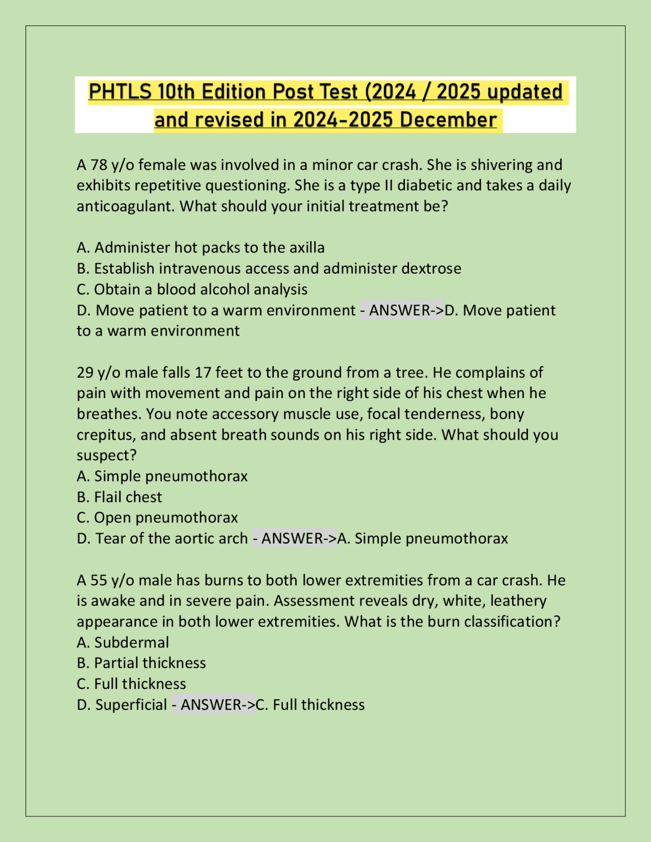 PHTLS 10th Edition Post Test | Exams Nursing | Docsity