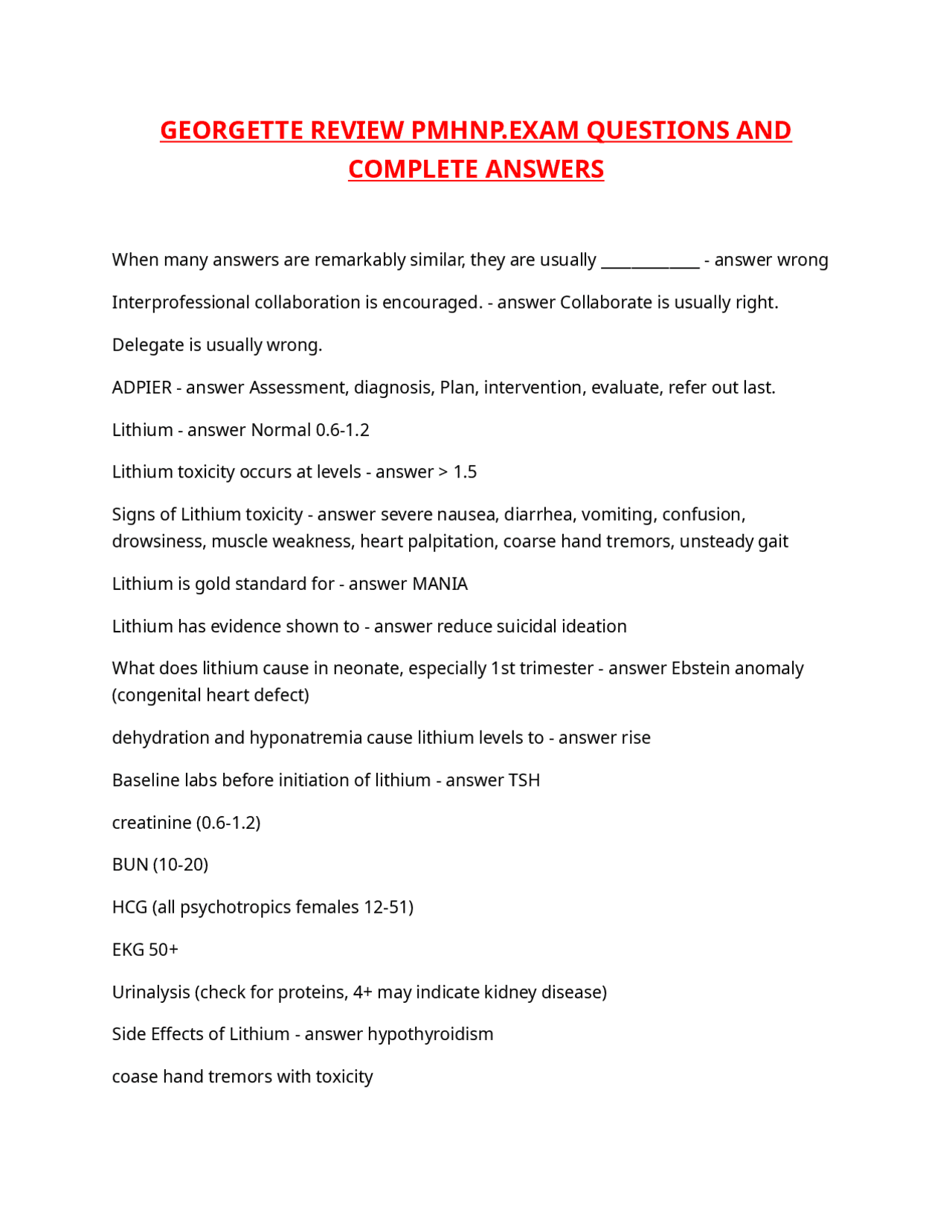 GEORGETTE REVIEW PMHNP.EXAM QUESTIONS AND COMPLETE ANSWERS. | Exams ...