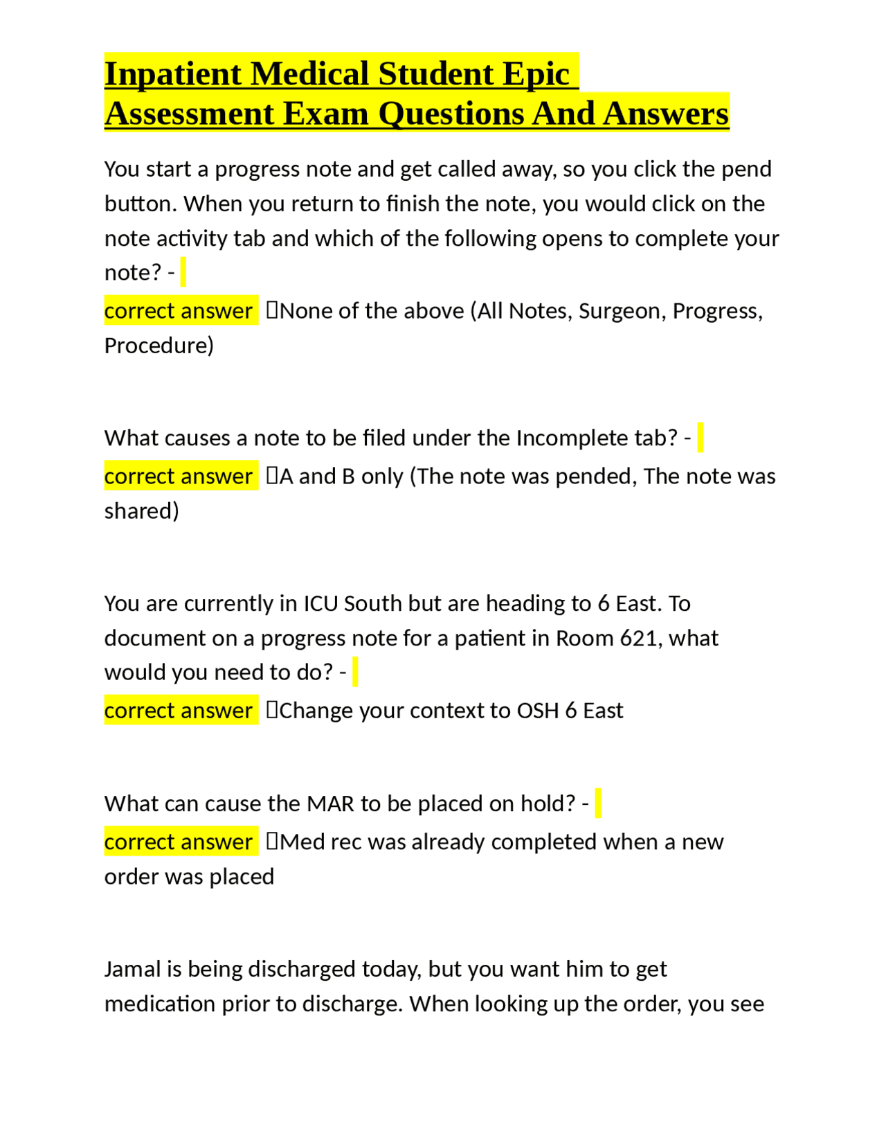 Epic EHR Inpatient Assessment: Medical Student Q&A | Exams Nursing ...