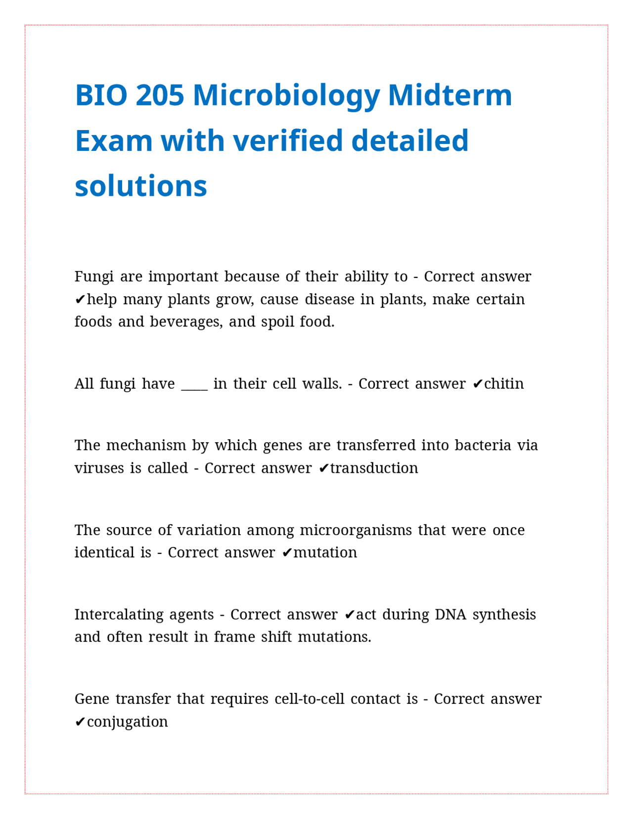 BIO 205 Microbiology Midterm Exam with verified detailed solutions ...