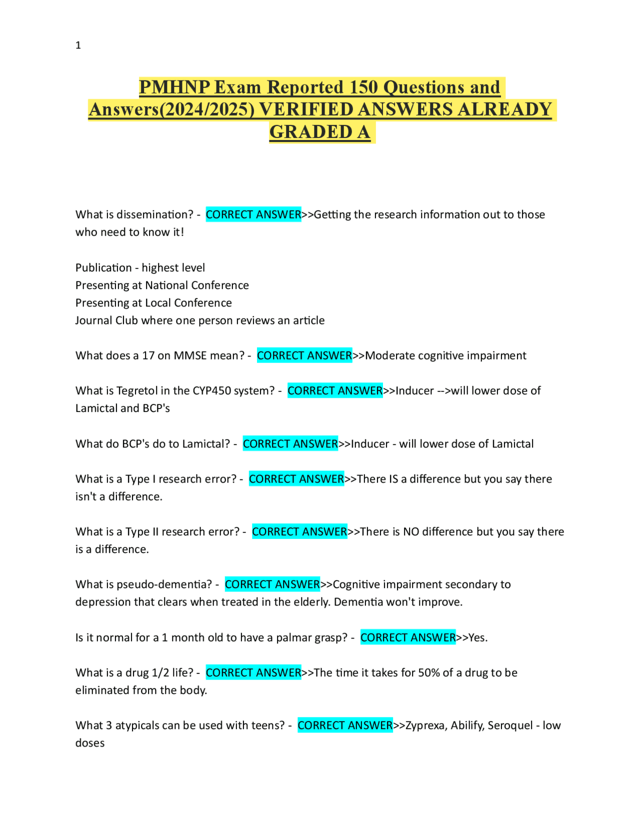 PMHNP Exam Reported 150 Questions and Answers VERIFIED ANSWERS ALREADY ...