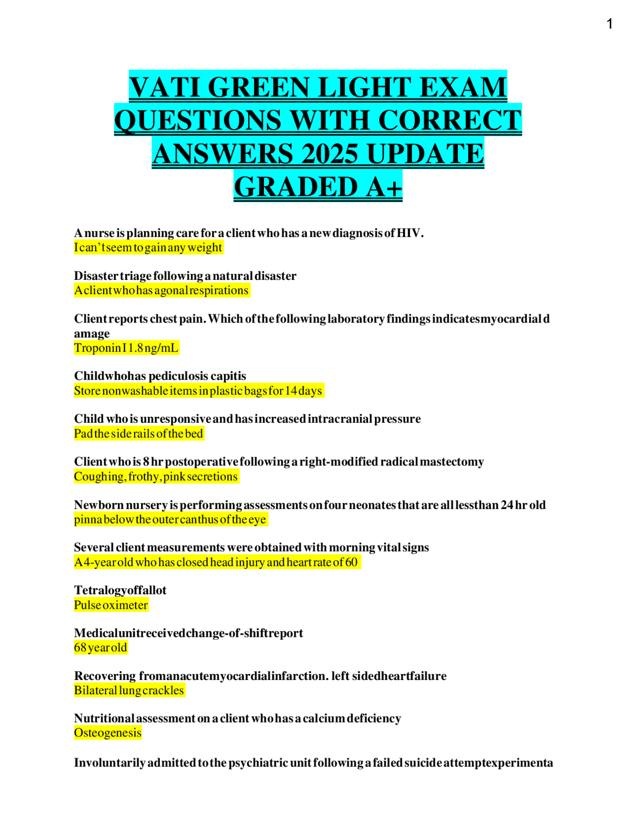 VATI GREEN LIGHT EXAM QUESTIONS WITH CORRECT ANSWERS 2025 UPDATE GRADED ...