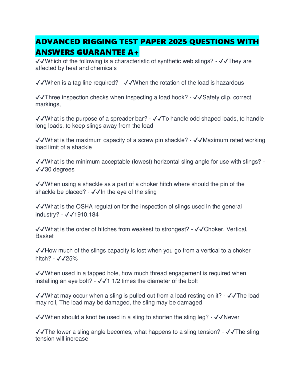 ADVANCED RIGGING TEST PAPER 2025 QUESTIONS WITH ANSWERS GUARANTEE A+ ...