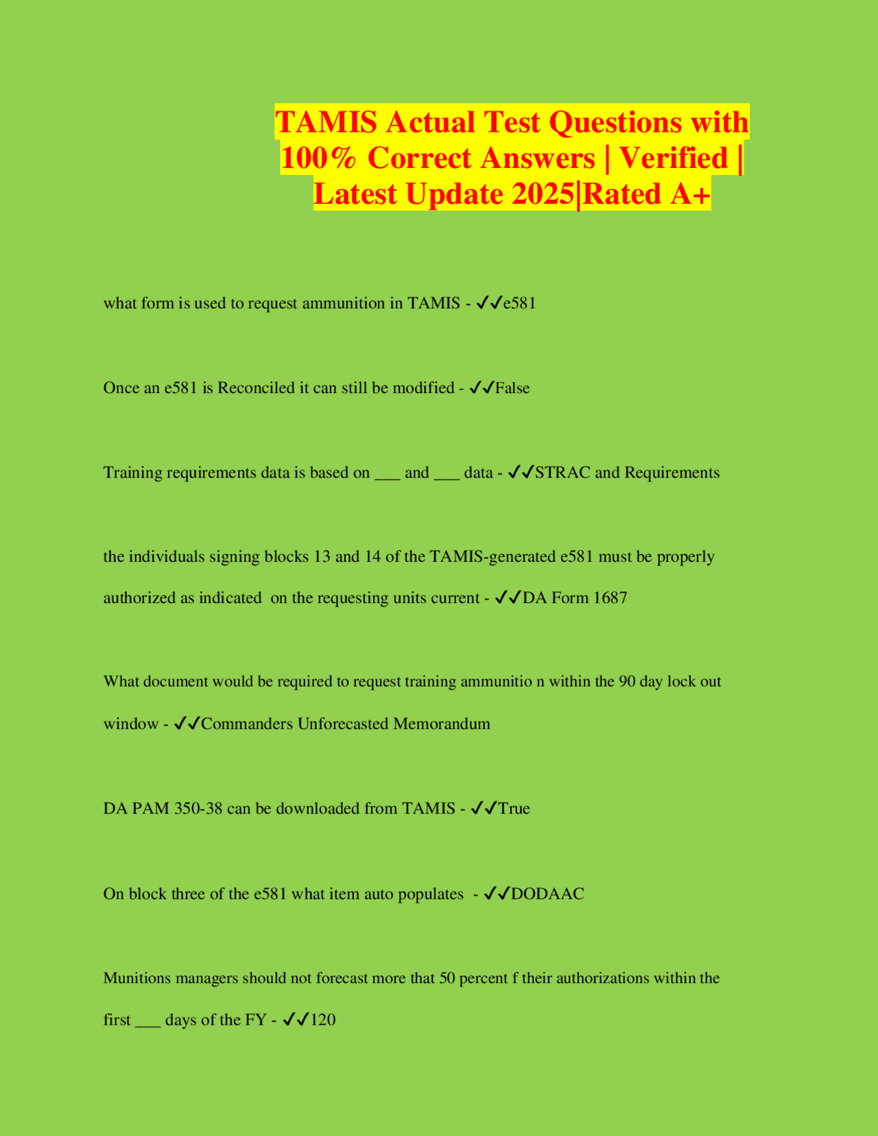 TAMIS Actual Test Questions with 100% Correct Answers | Verified ...