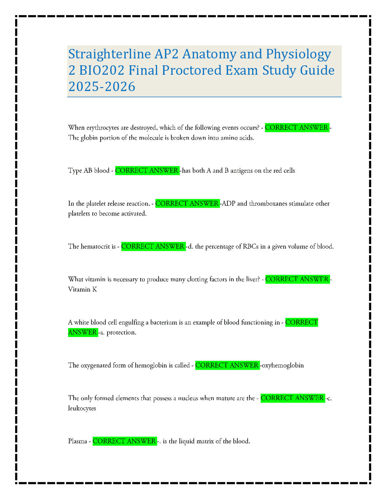 Straighterline AP2 Anatomy and Physiology 2 BIO202 Final Proctored Exam ...