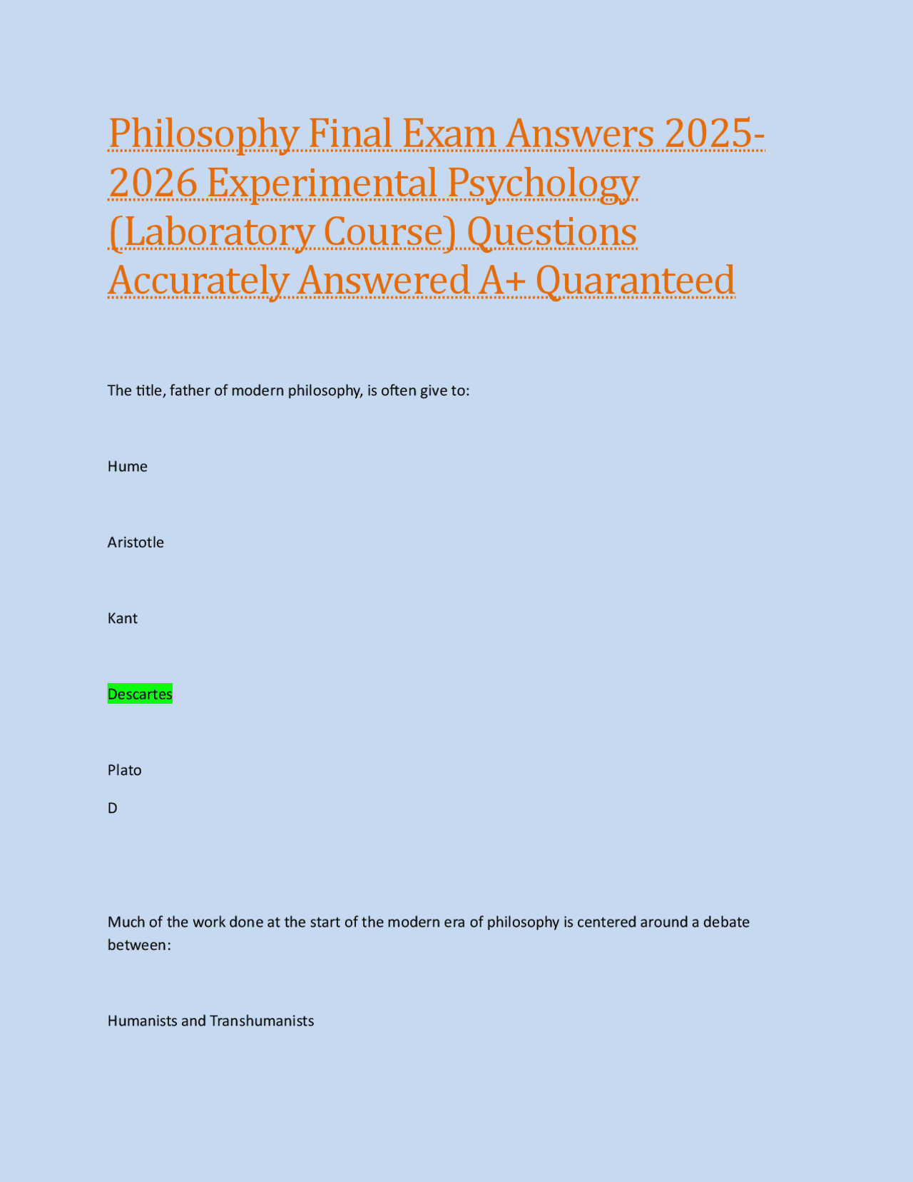 Philosophy Final Exam Answers 2025-2026 Experimental Psychology ...