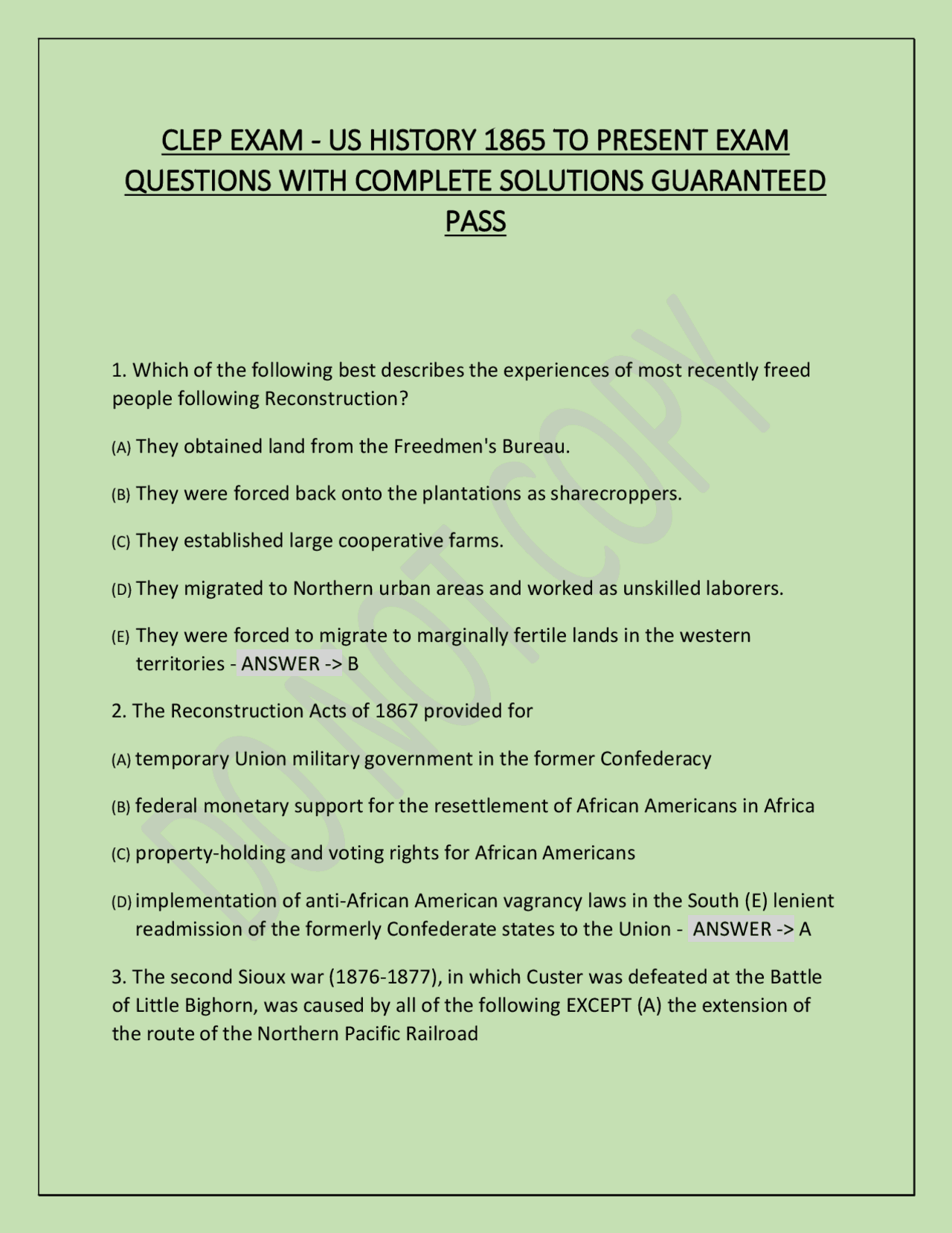 CLEP US History Exam Questions: 1865 to Present with Solutions | Exams ...