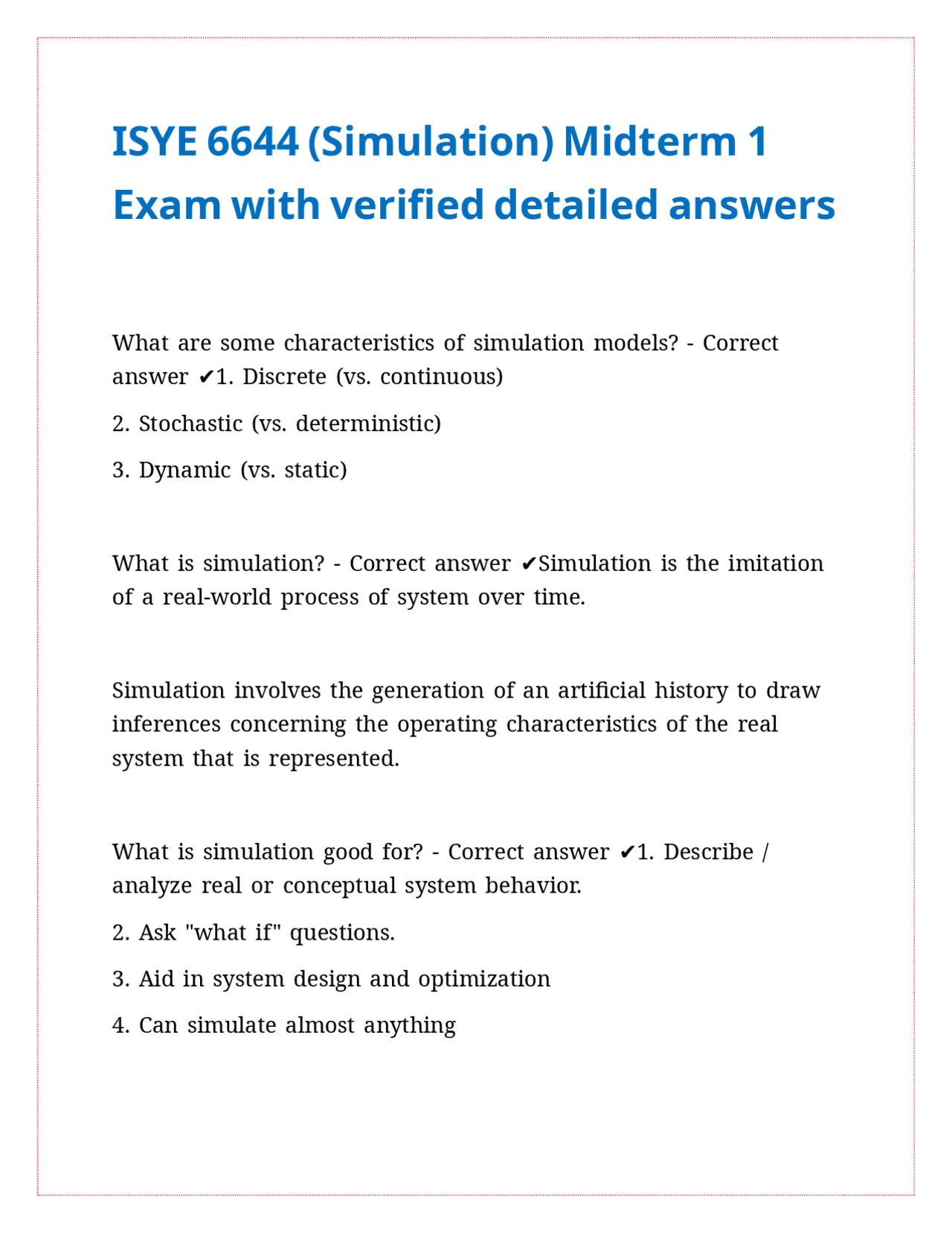 Simulation Midterm Exam with Detailed Answers | Exams Engineering | Docsity