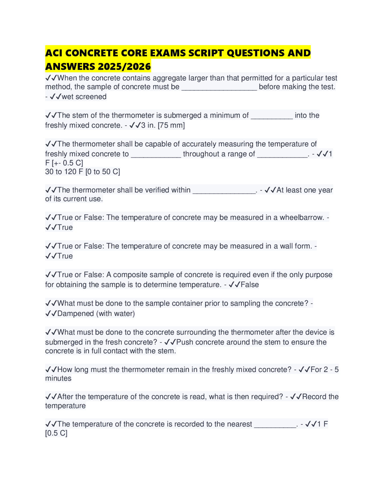 ACI CONCRETE CORE EXAMS SCRIPT QUESTIONS AND ANSWERS 2025/2026 | Exams ...