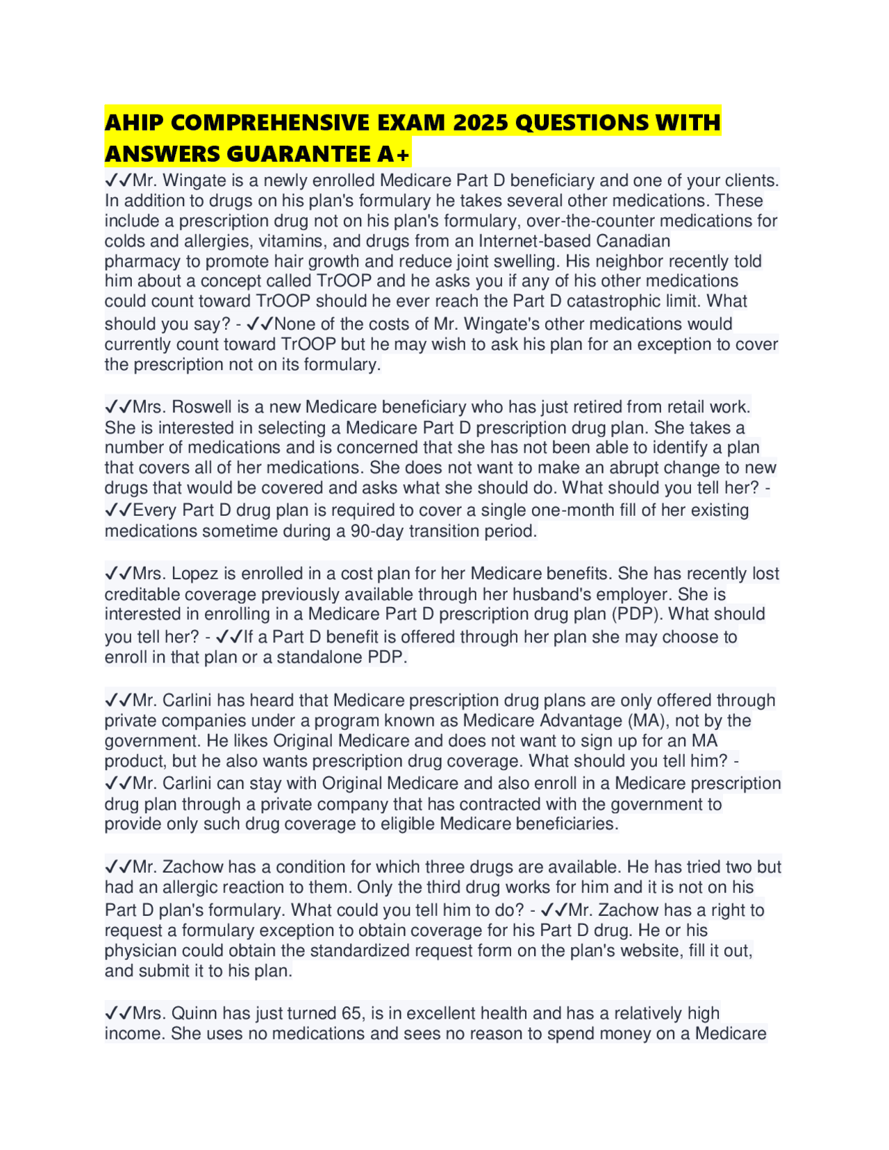 AHIP COMPREHENSIVE EXAM 2025 QUESTIONS WITH ANSWERS GUARANTEE A+ ...