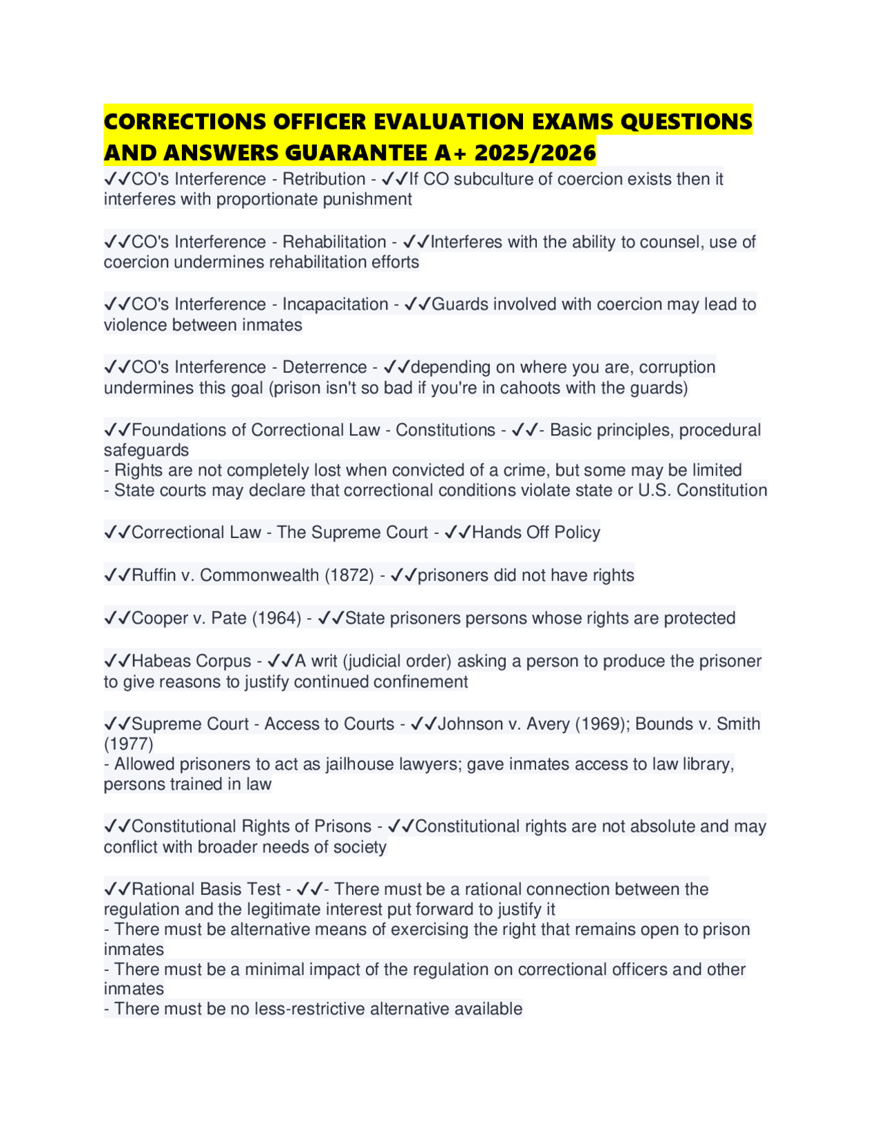 CORRECTIONS OFFICER EVALUATION EXAMS QUESTIONS AND ANSWERS GUARANTEE A+ ...