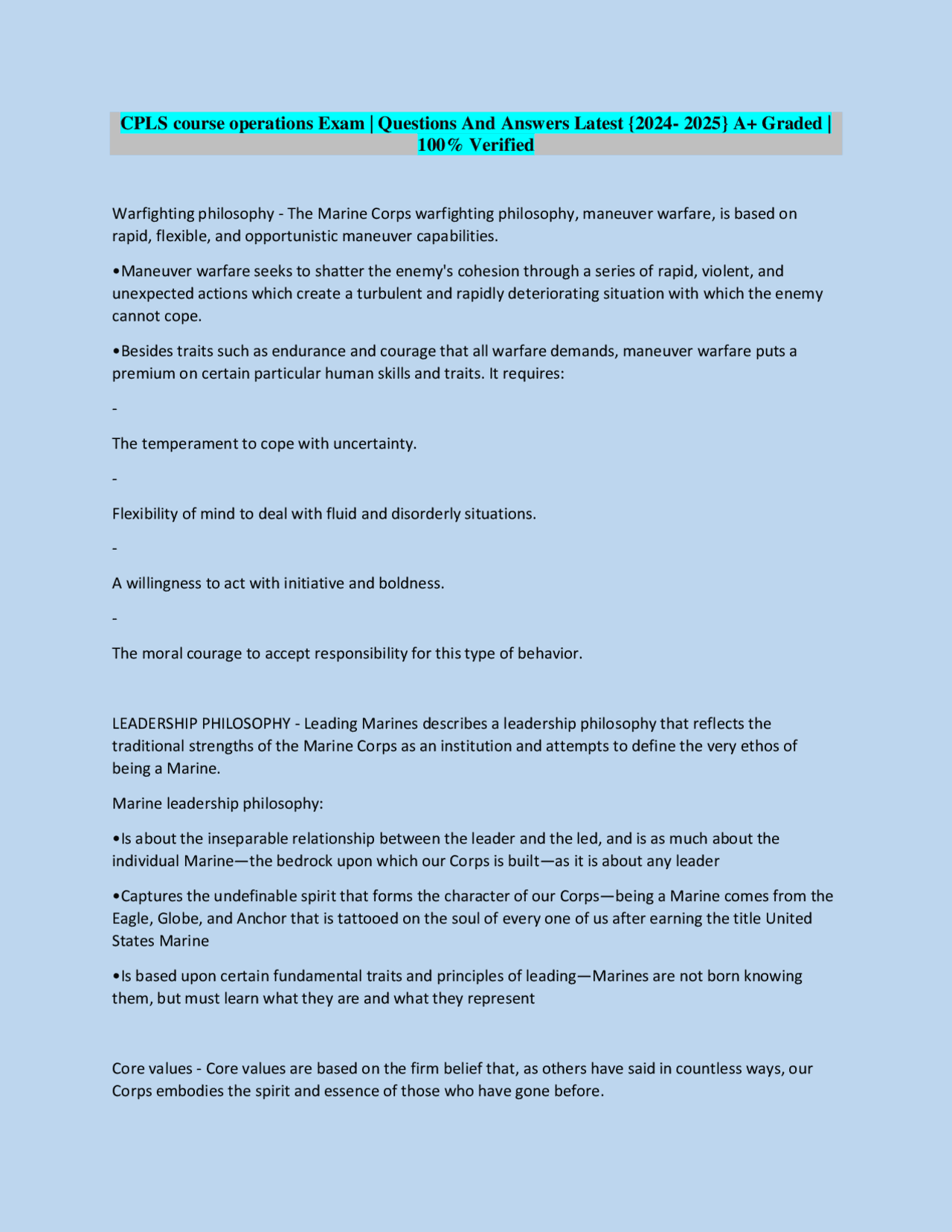 CPLS course operations Exam | Questions And Answers Latest { - } A+ ...