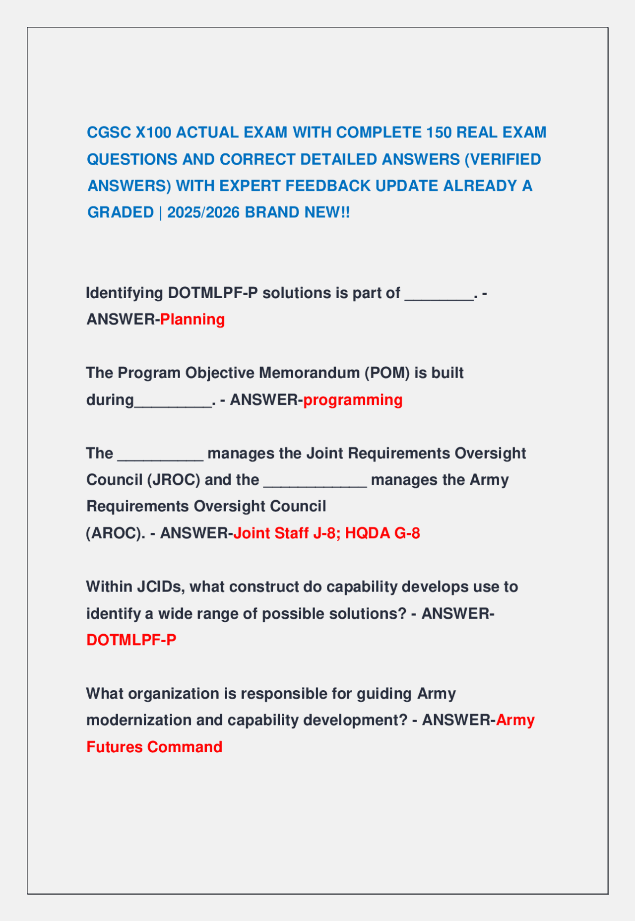 CGSC X100 ACTUAL EXAM WITH COMPLETE 150 REAL EXAM QUESTIONS AND CORRECT ...