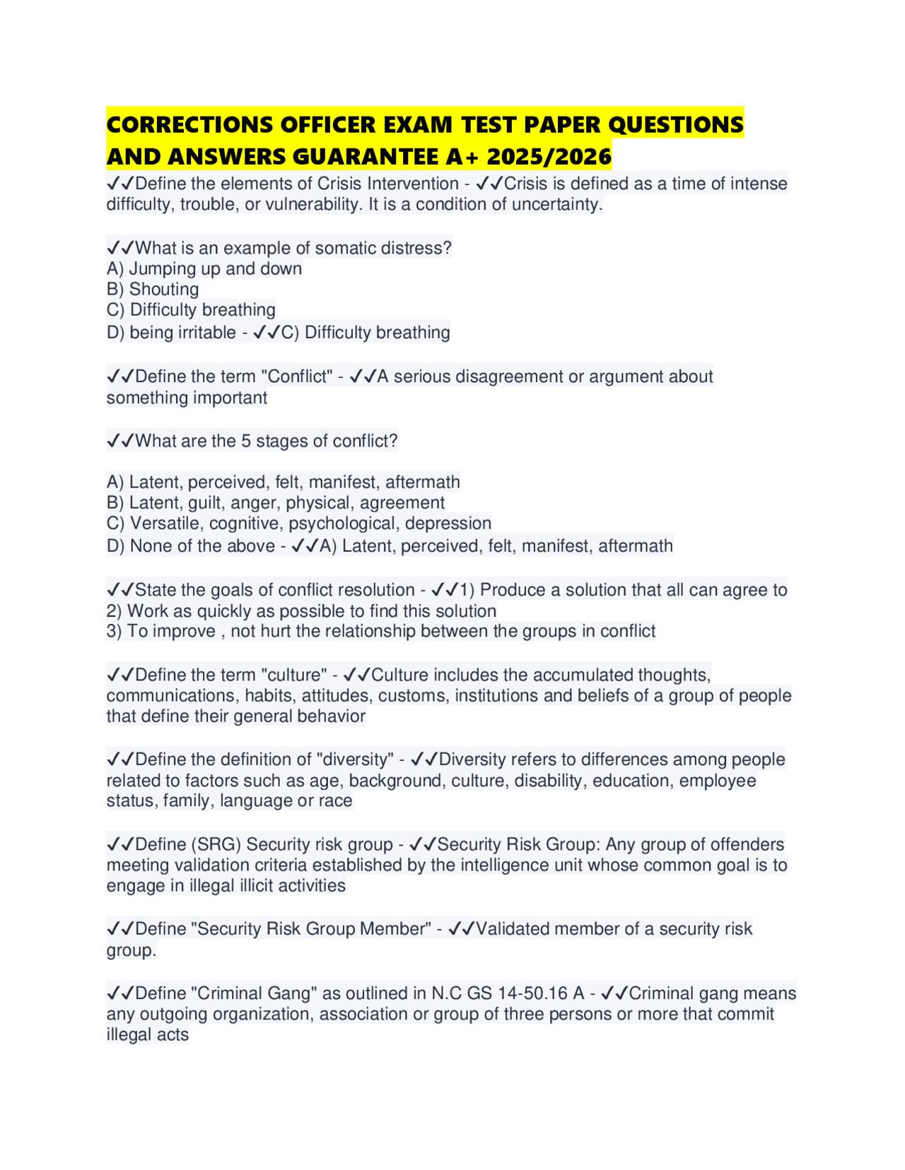 CORRECTIONS OFFICER EXAM TEST PAPER QUESTIONS AND ANSWERS GUARANTEE A+ ...