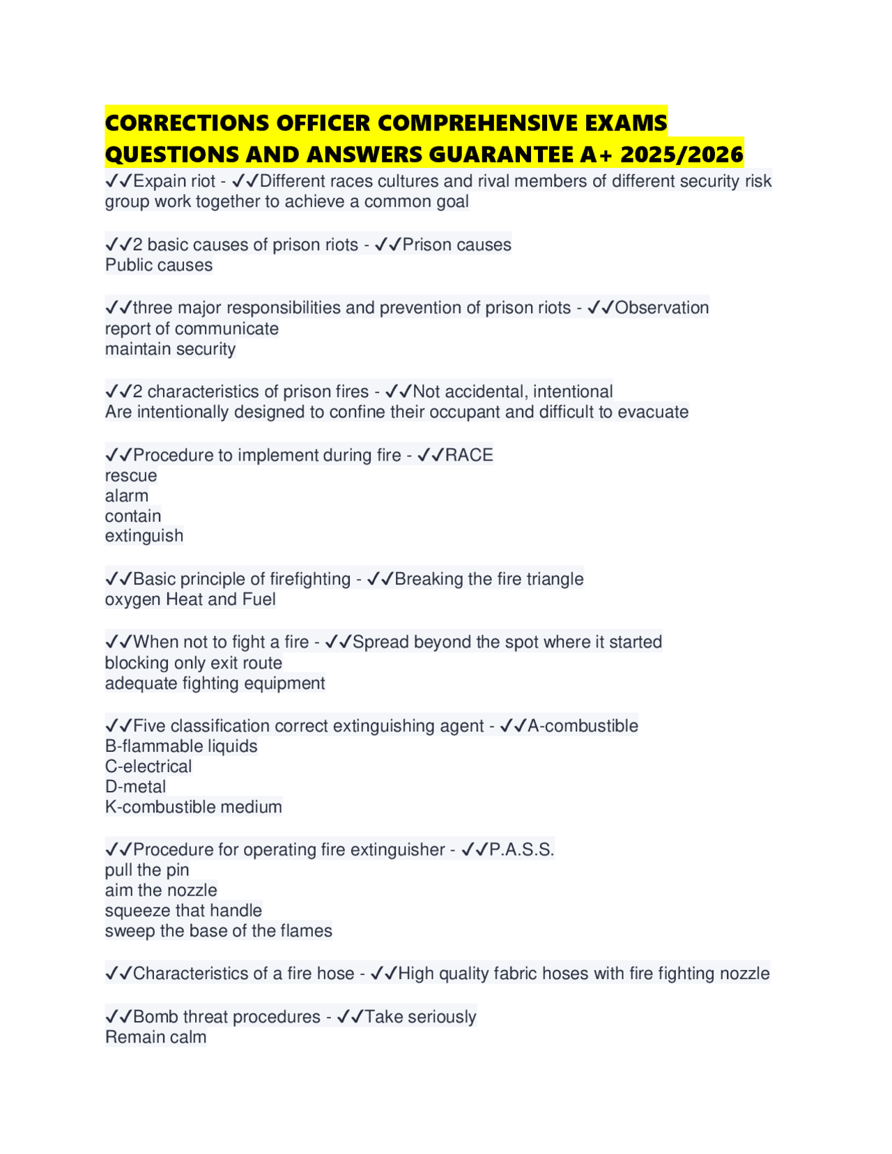 CORRECTIONS OFFICER COMPREHENSIVE EXAMS QUESTIONS AND ANSWERS GUARANTEE ...