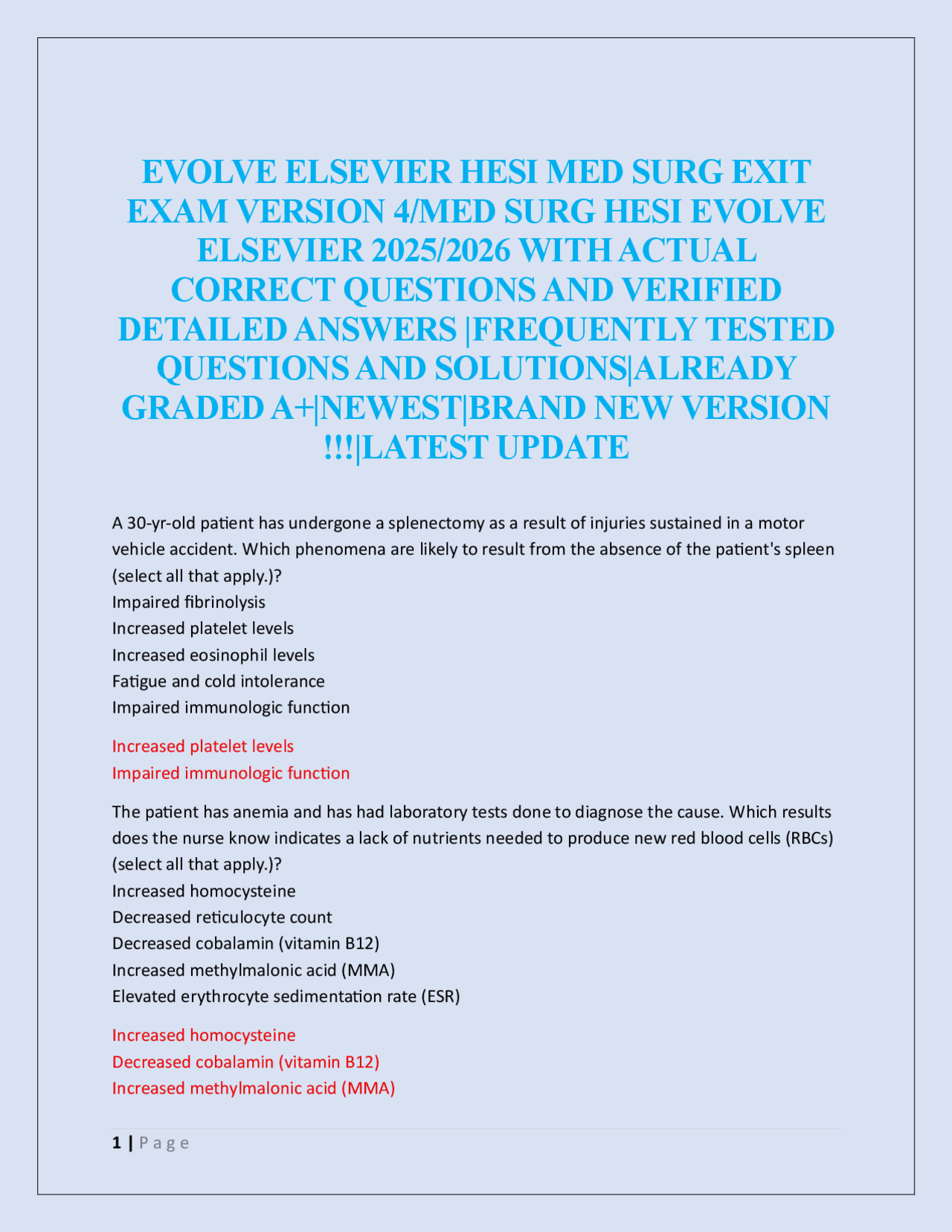 EVOLVE ELSEVIER HESI MED SURG EXIT EXAM VERSION | Exams Nursing | Docsity