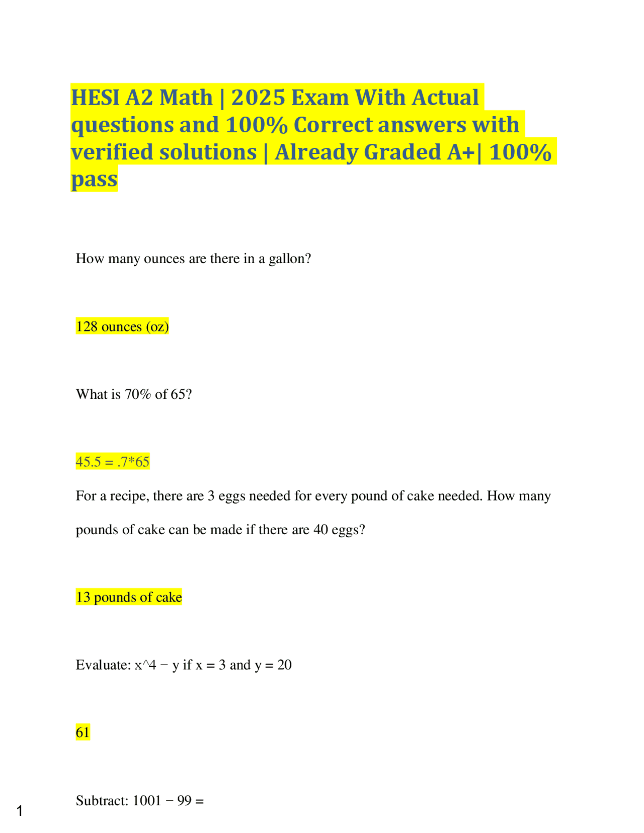 HESI A2 Math | 2025 Exam With Actual questions and 100% Correct answers ...