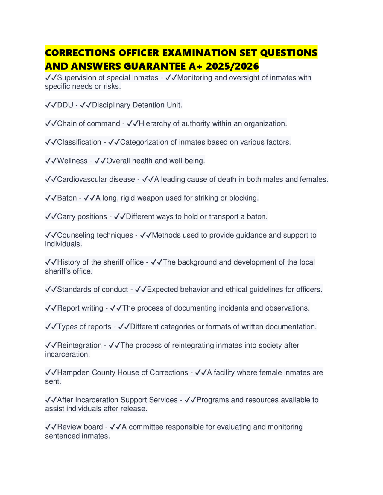 CORRECTIONS OFFICER EXAMINATION SET QUESTIONS AND ANSWERS GUARANTEE A+ ...