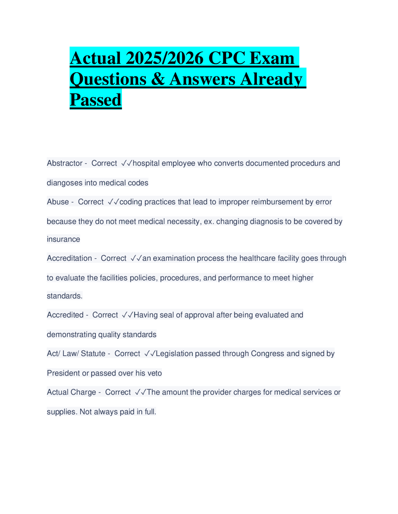 CPC Exam Questions and Answers 2025/2026: Medical Coding and Billing ...