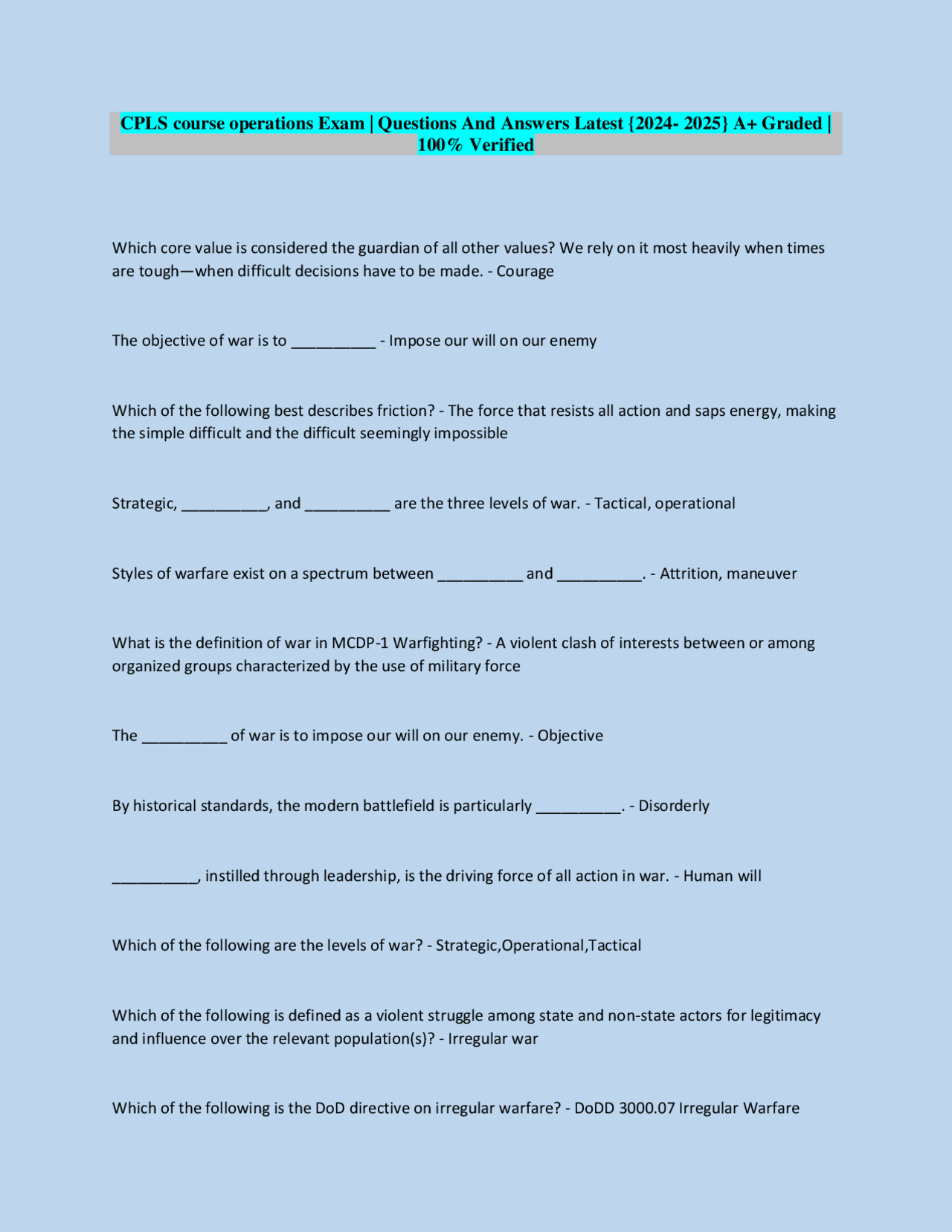 CPLS course operations Exam | Questions And Answers Latest { - } A+ ...