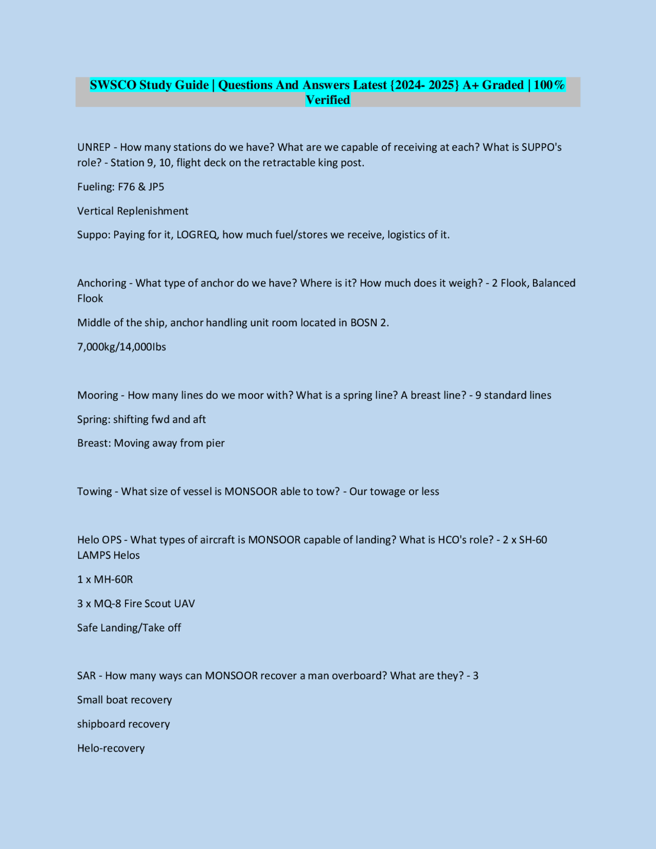 SWSCO Study Guide | Questions And Answers Latest { - } A+ Graded ...