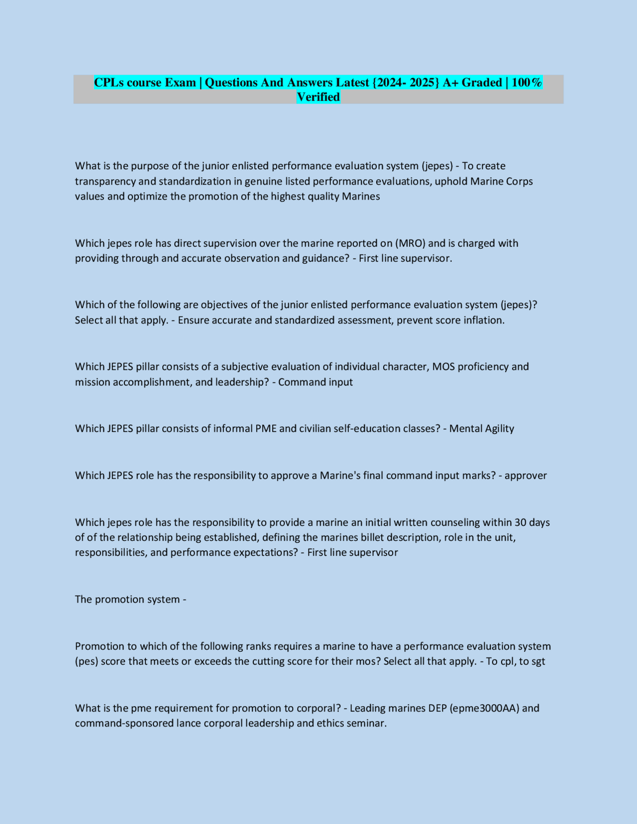 CPLs course Exam | Questions And Answers Latest { - } A+ Graded ...