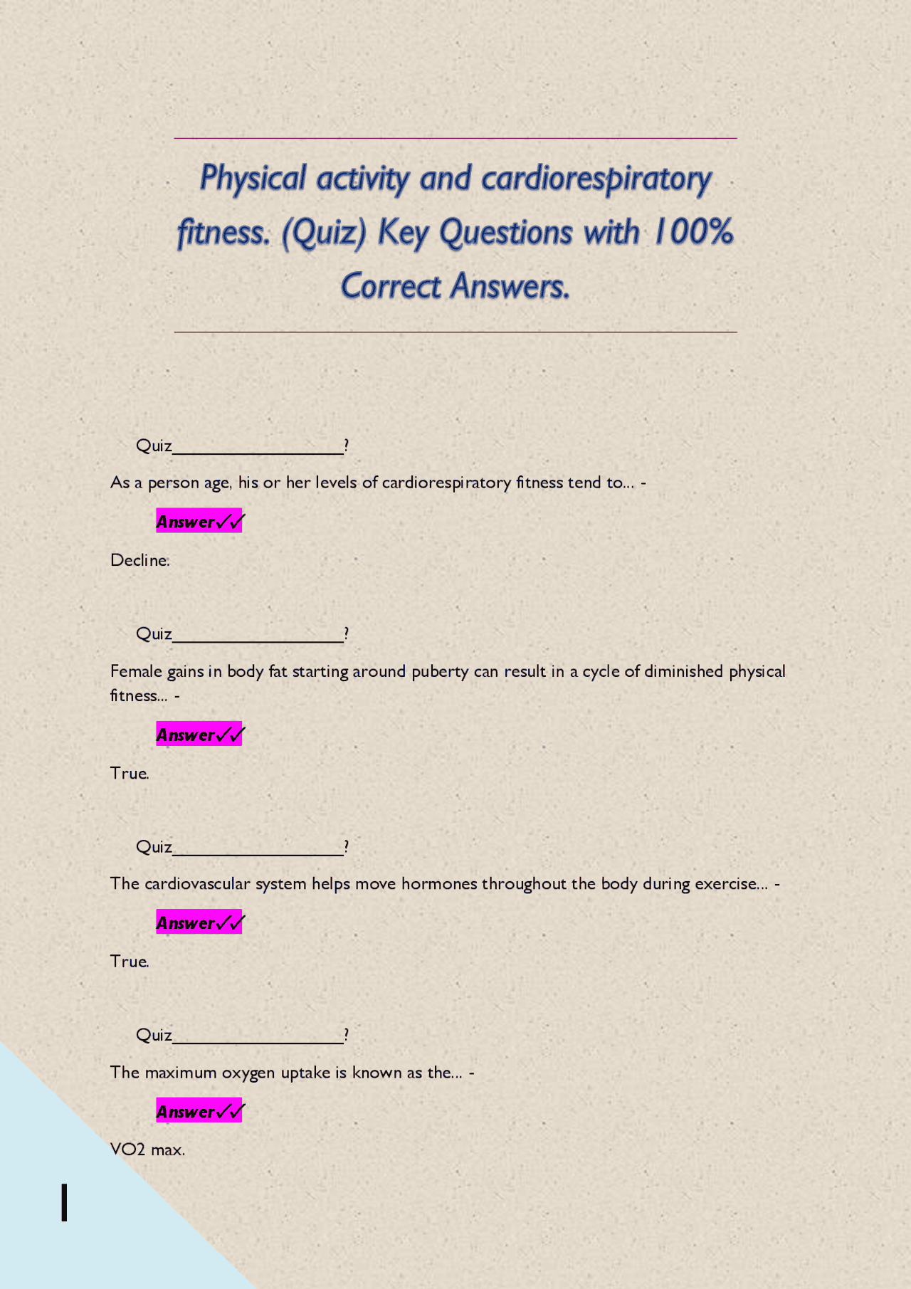 Cardiorespiratory Fitness Quiz: Test Your Knowledge | Exams Nursing ...