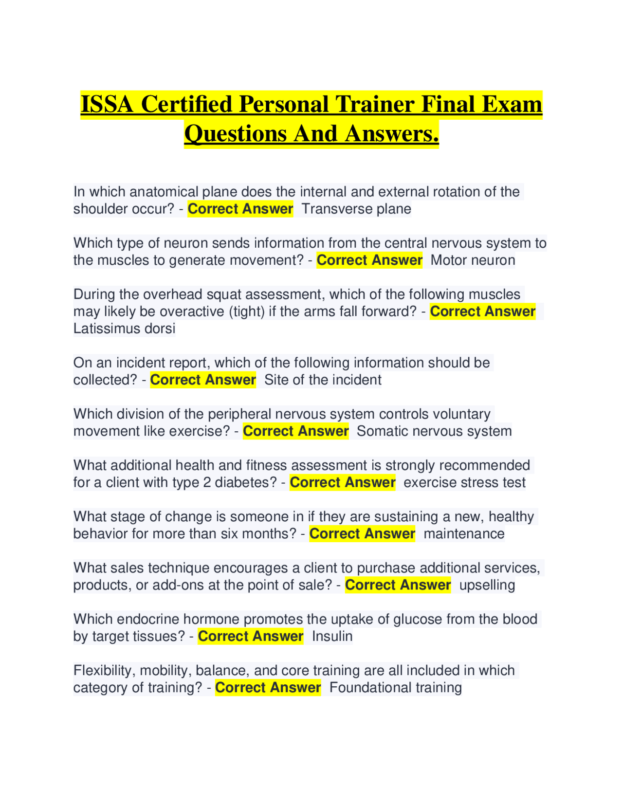ISSA Certified Personal Trainer Final Exam Questions And Answers ...