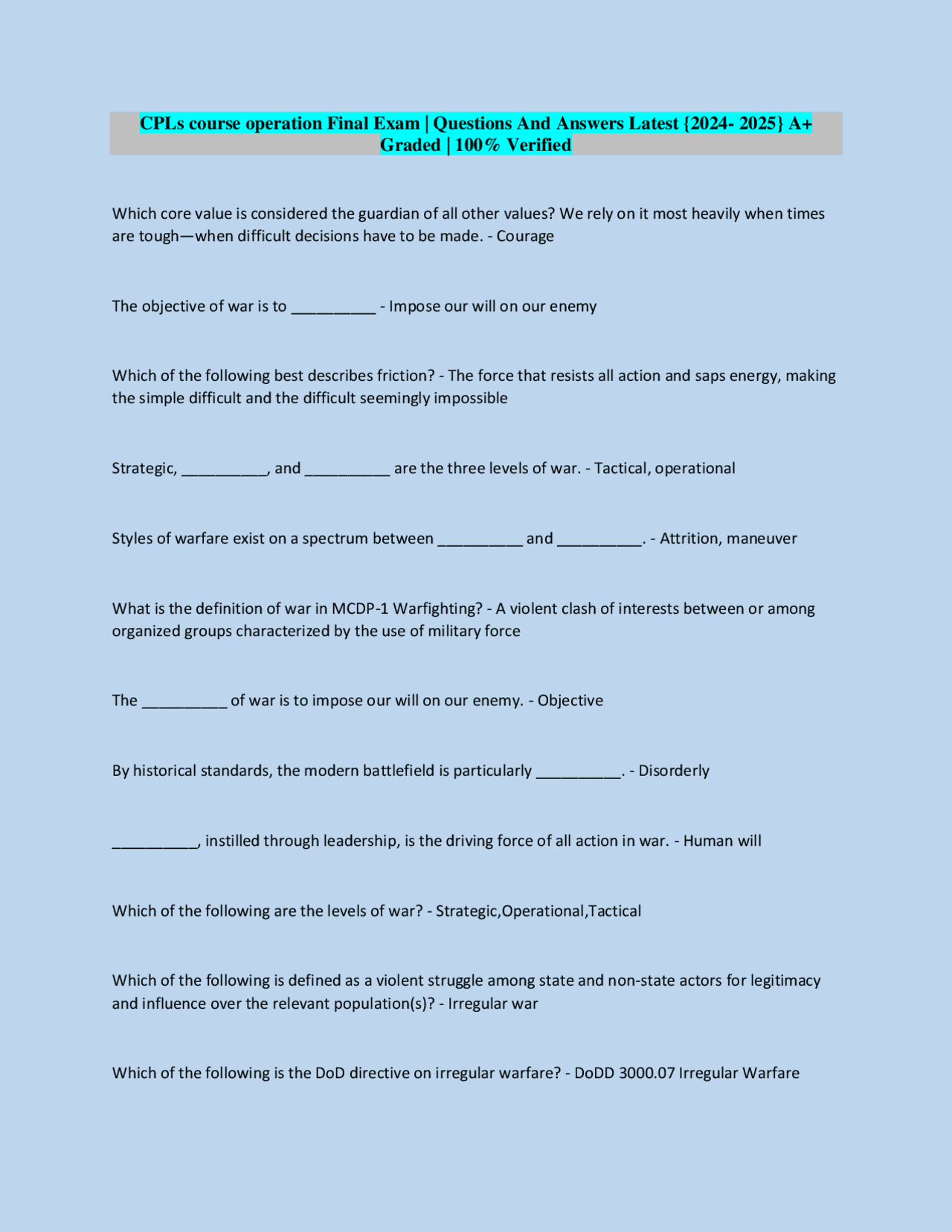 CPLs course operation Final Exam | Questions And Answers Latest ...