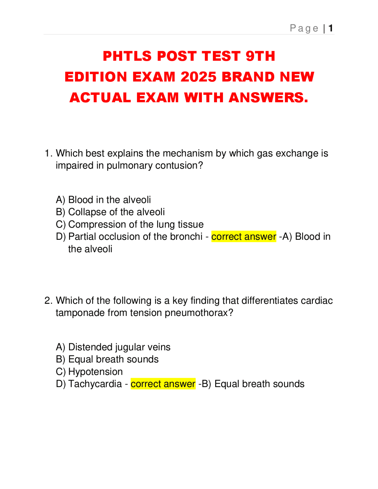 PHTLS POST TEST 9TH EDITION EXAM 2025 BRAND NEW ACTUAL EXAM WITH ...