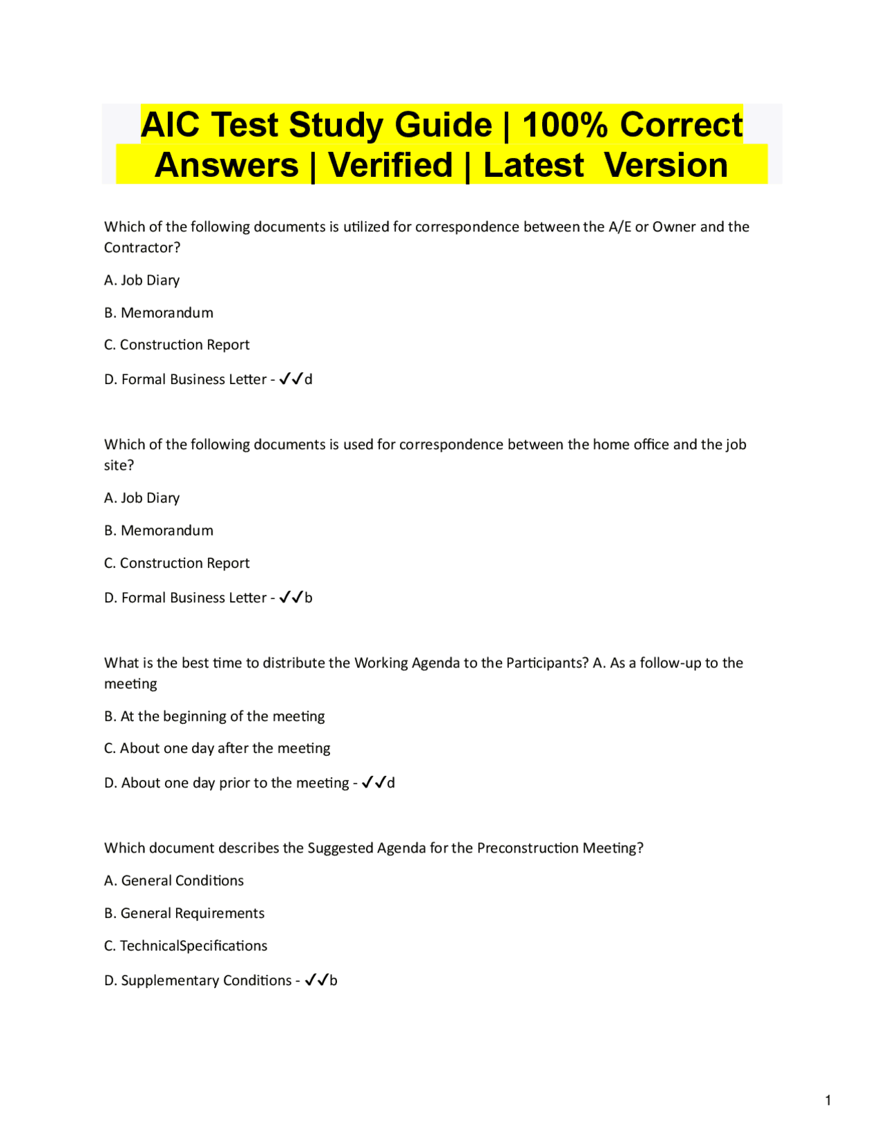 AIC Test Study Guide / | Construction Docs & Meeting Qs | % Verified ...