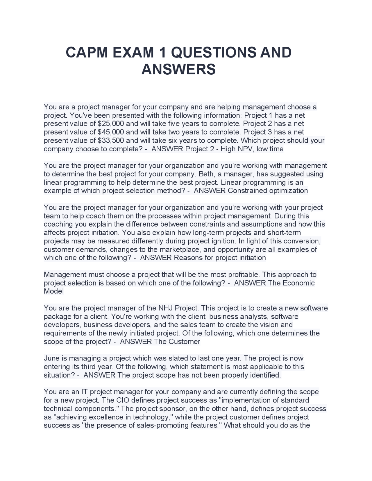 CAPM EXAM QUESTIONS AND ANSWERS | Exams Advanced Education | Docsity