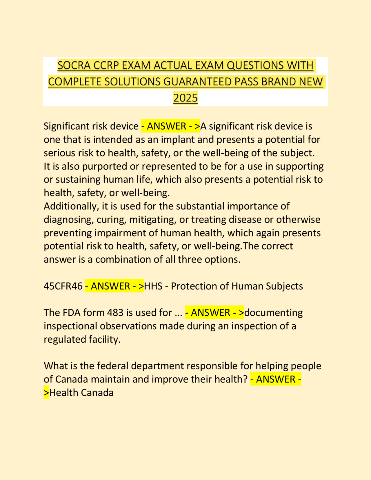 SOCRA CCRP EXAM ACTUAL EXAM QUESTIONS WITH COMPLETE SOLUTIONS ...