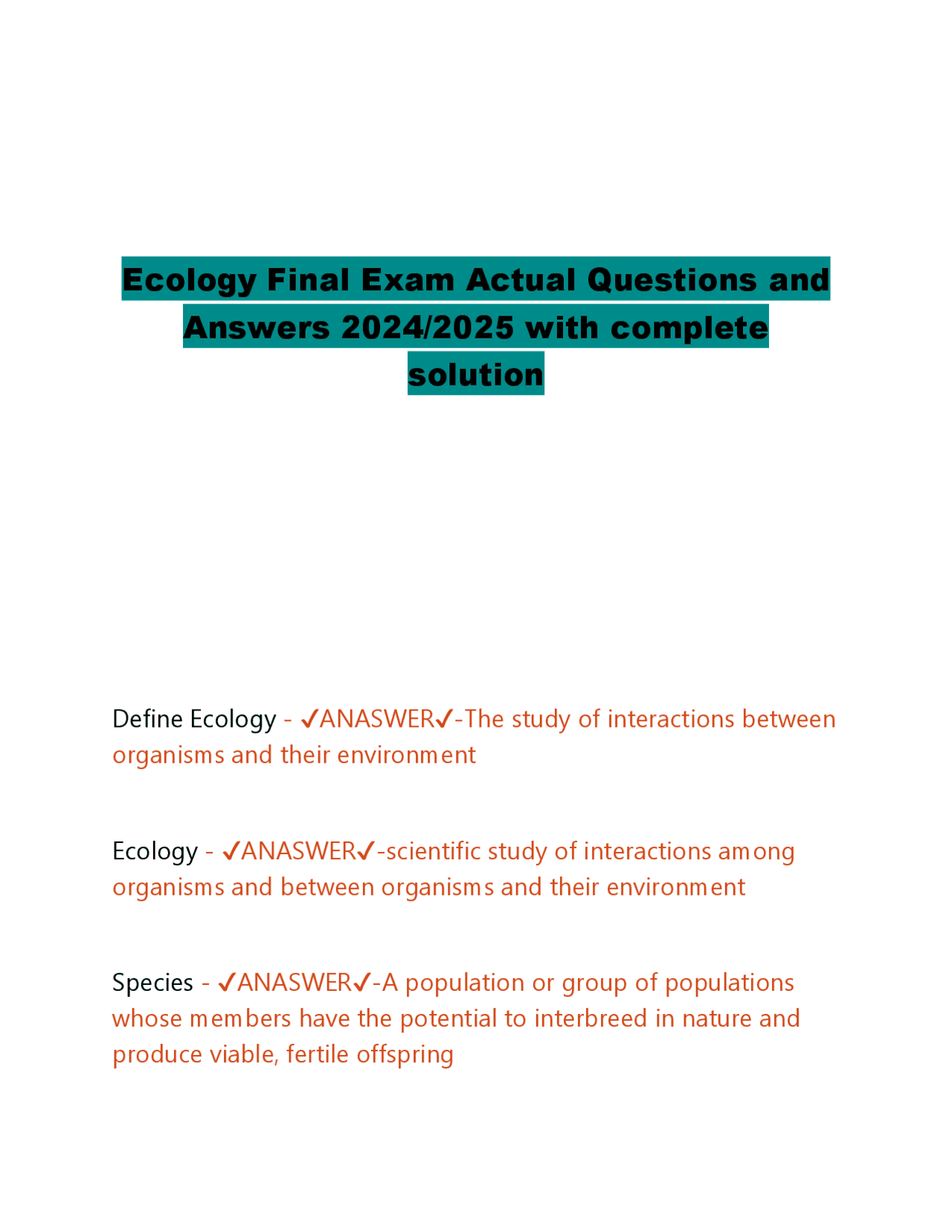 Ecology Final Exam Actual Questions and Answers / with complete ...