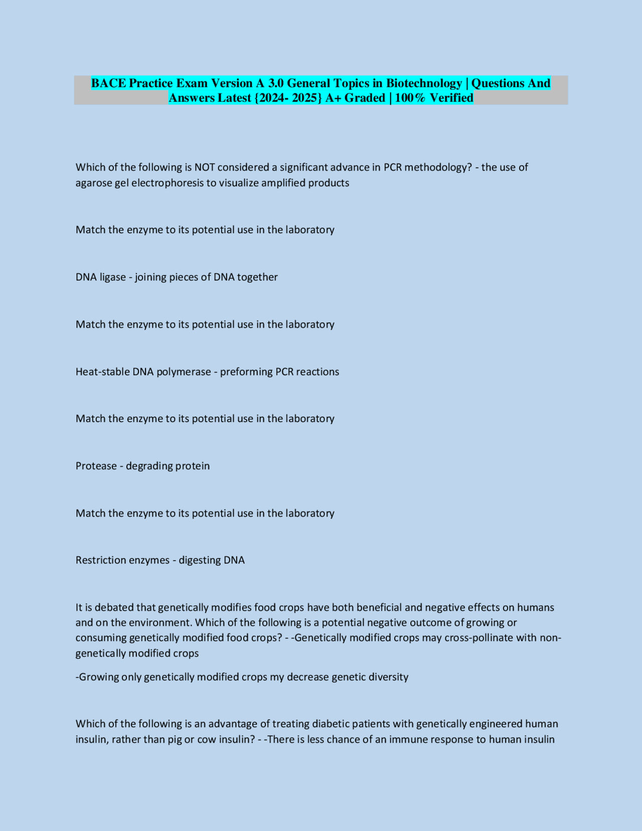 BACE Practice Exam Version A . General Topics in Biotechnology ...