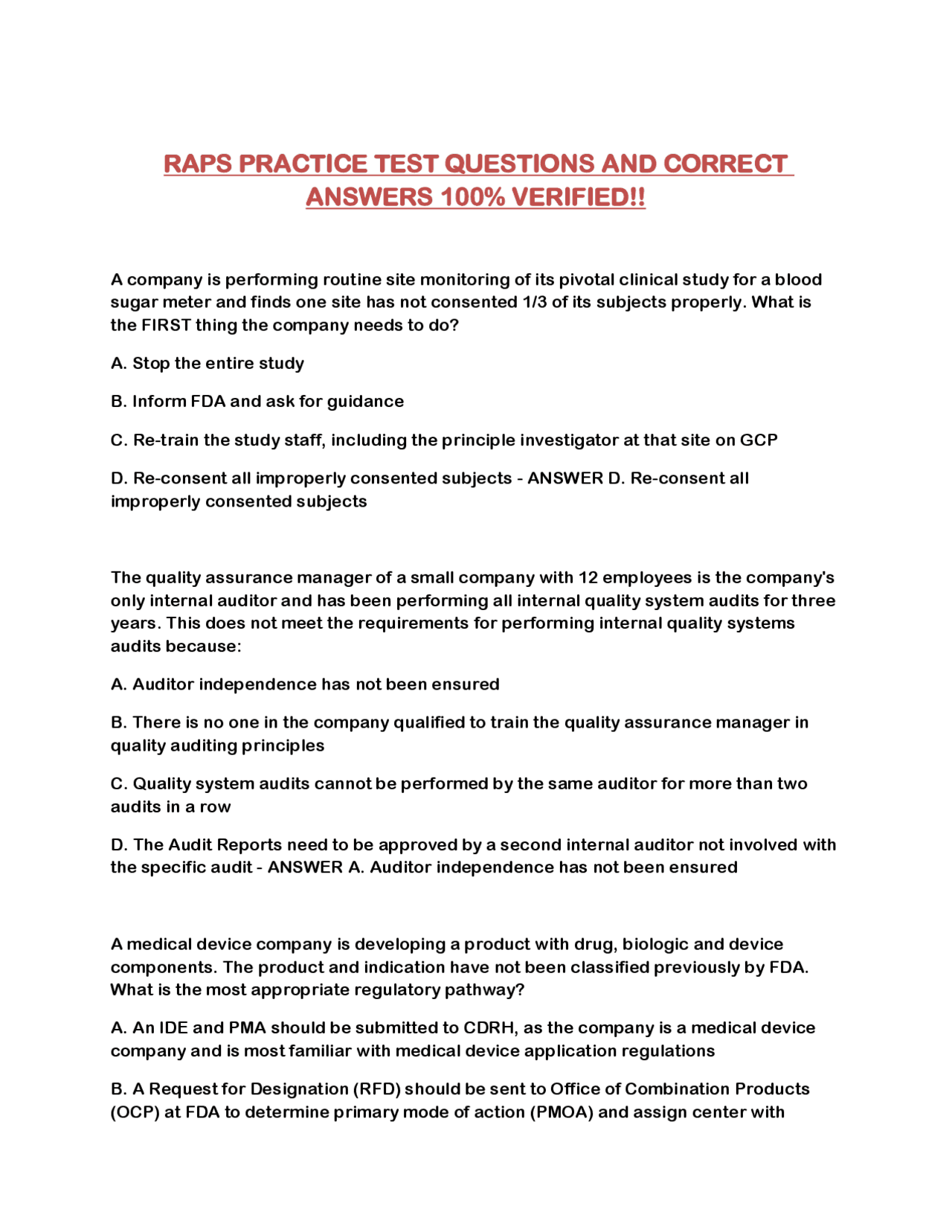 RAPS PRACTICE TEST QUESTIONS AND CORRECT ANSWERS % VERIFIED!! | Exams ...