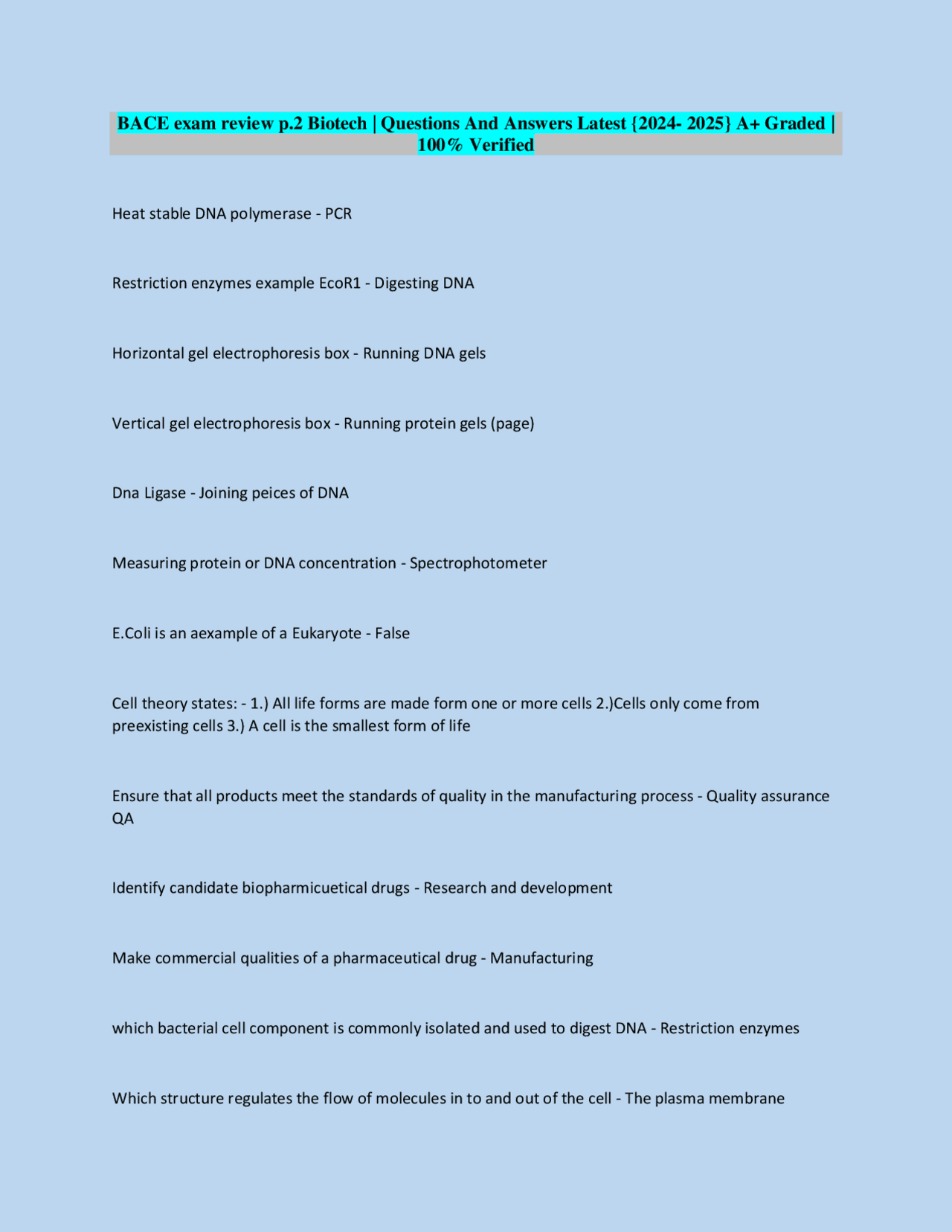 BACE exam review p. Biotech | Questions And Answers Latest { - } A+ ...