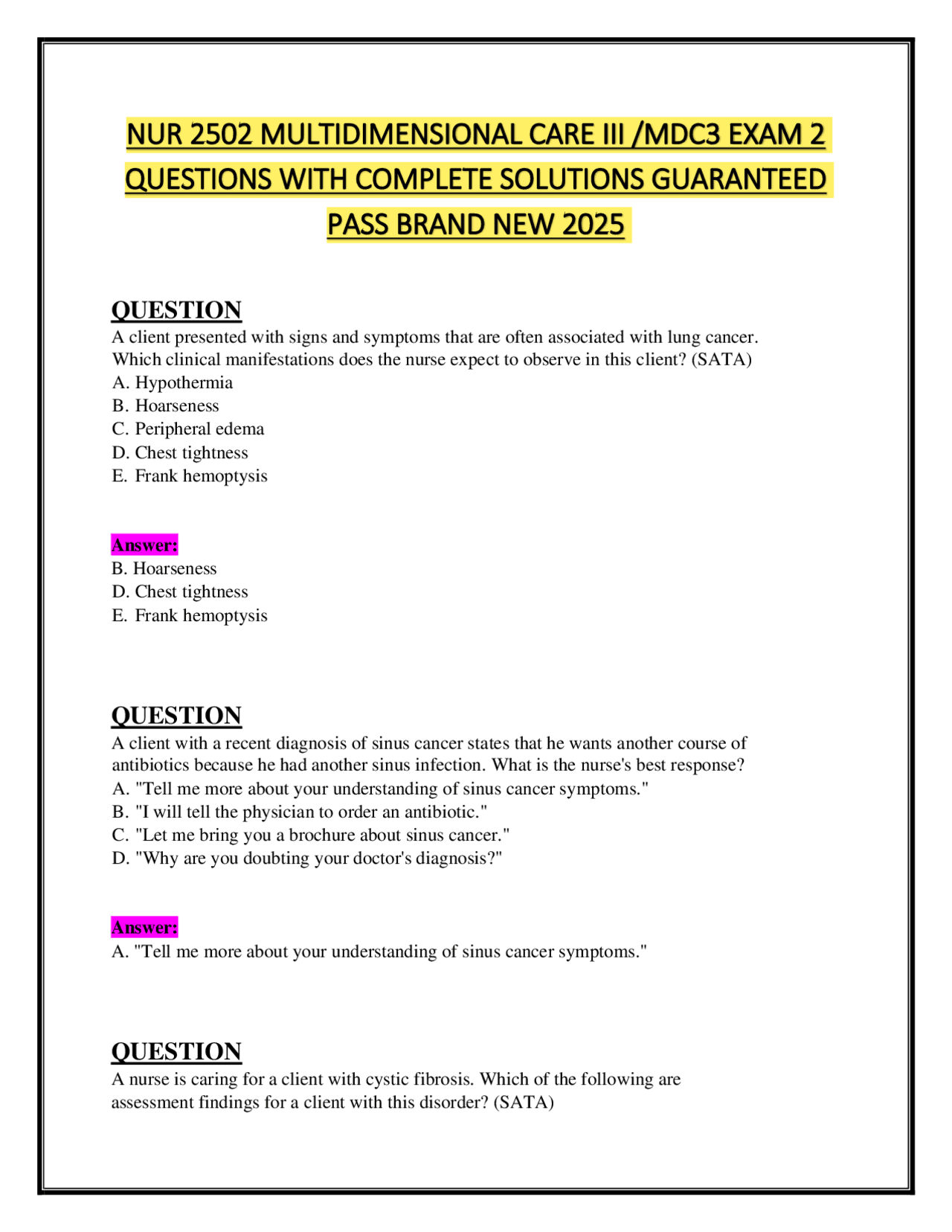 NUR MULTIDIMENSIONAL CARE III /MDC EXAM QUESTIONS WITH COMPLETE SOLUTIONS | Exams Nursing | Docsity