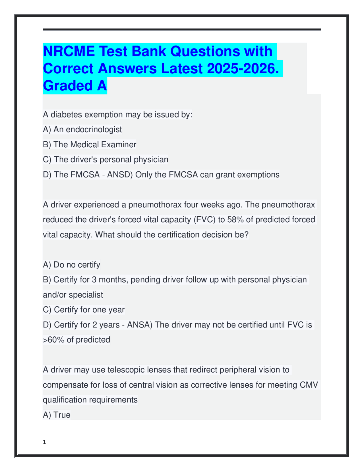 NRCME Test Bank Questions with Correct Answers Latest - . Graded A ...