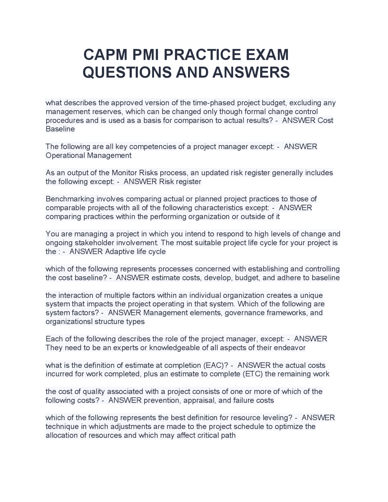 CAPM PMI PRACTICE EXAM QUESTIONS AND ANSWERS | Exams Advanced Education ...