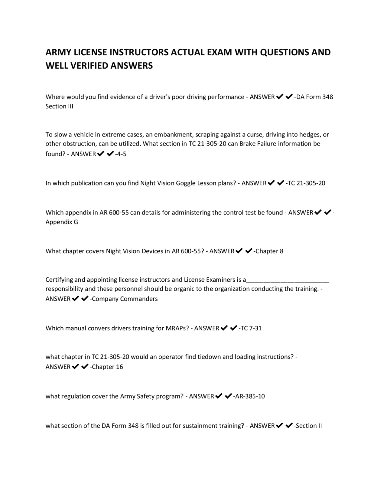 ARMY LICENSE INSTRUCTORS ACTUAL EXAM WITH QUESTIONS AND WELL VERIFIED ...