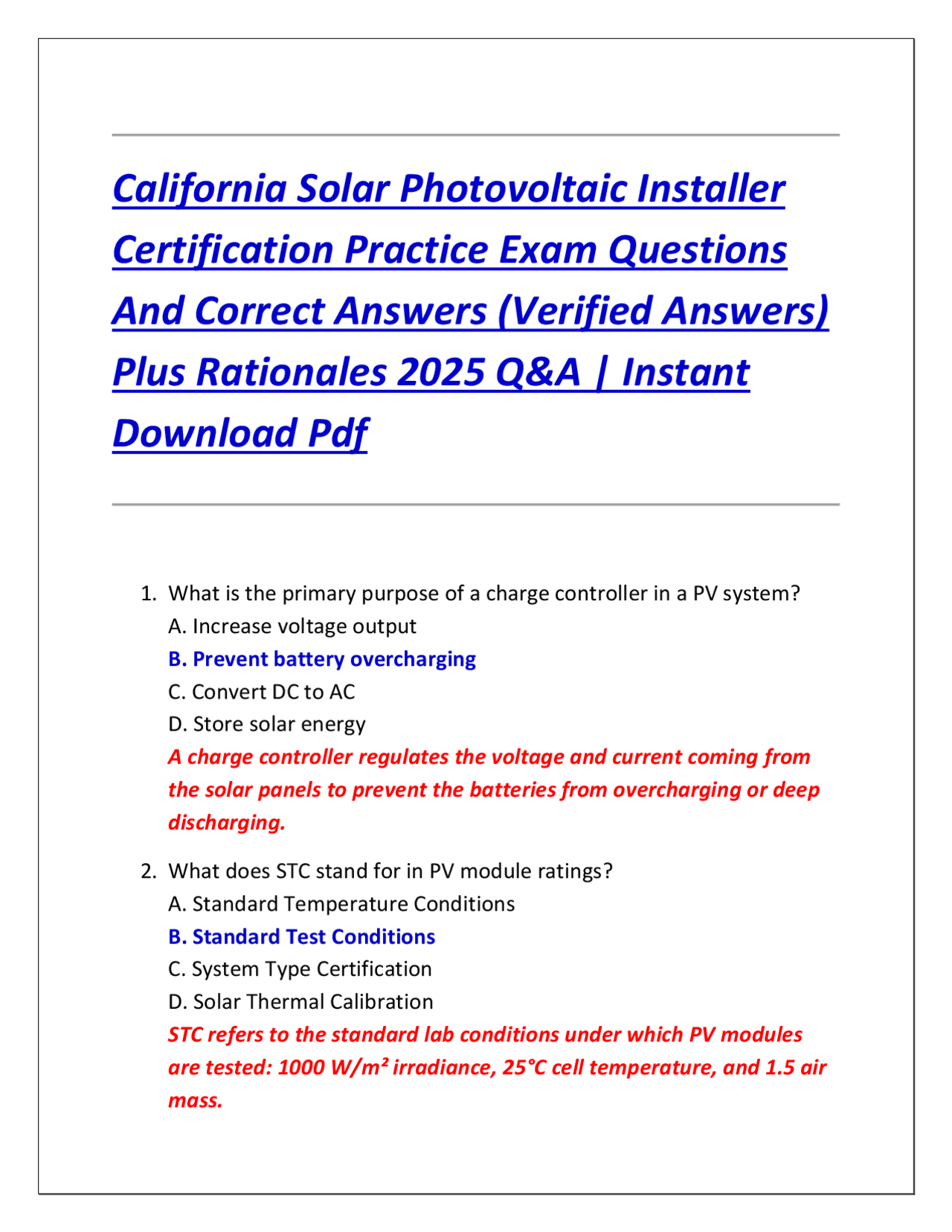 California Solar Photovoltaic Installer Certification Practice Exam ...